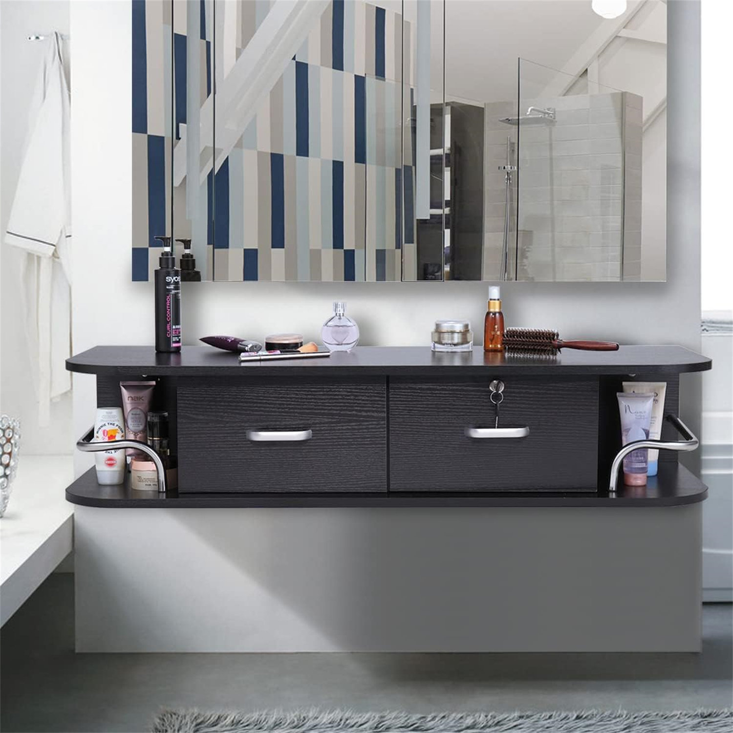 8UHNK™ Wall Mounted Barber Table, Black Beauty Table With Lockable ...