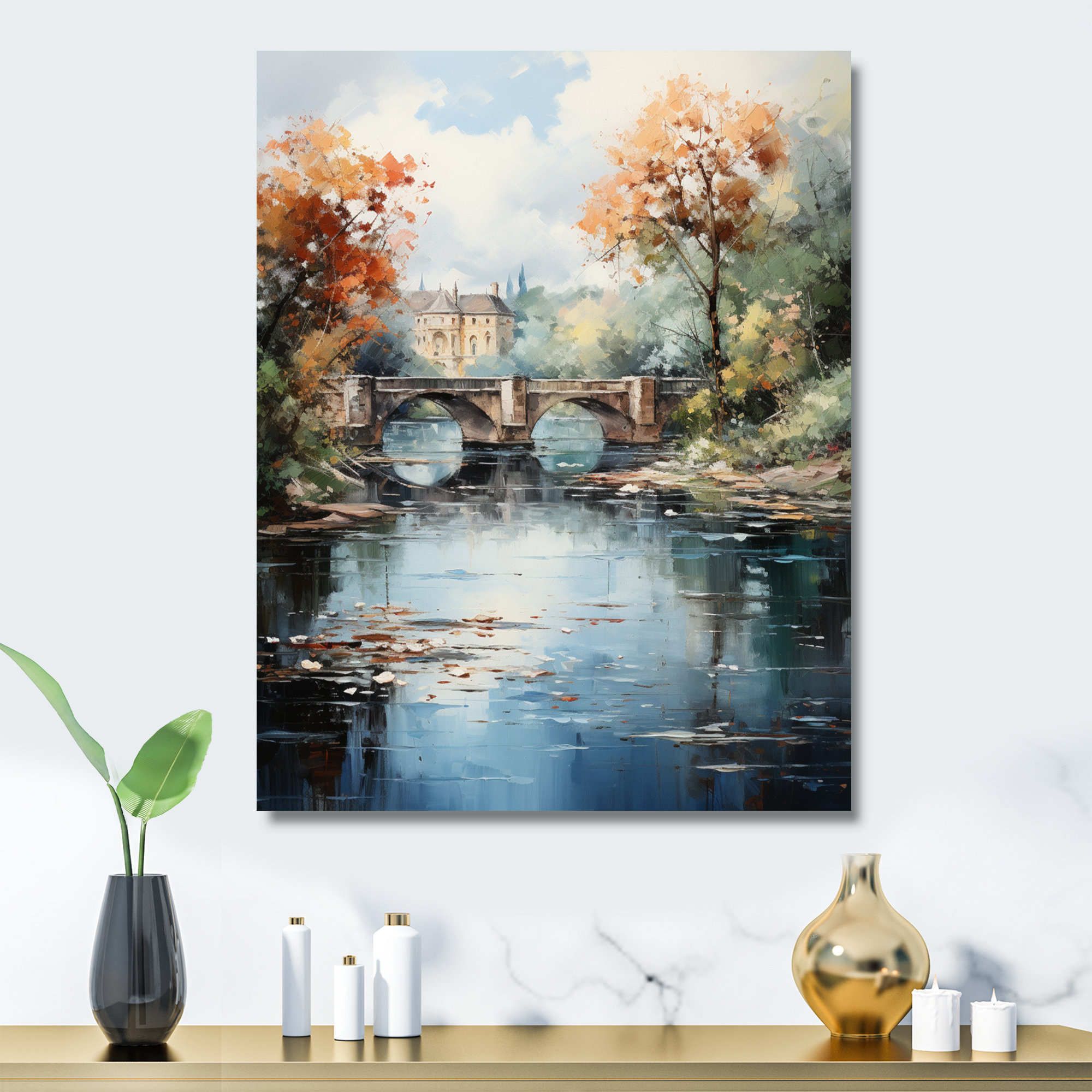 Winston Porter Beige Bridge Impressionist Waterscape An - Bridges Metal ...