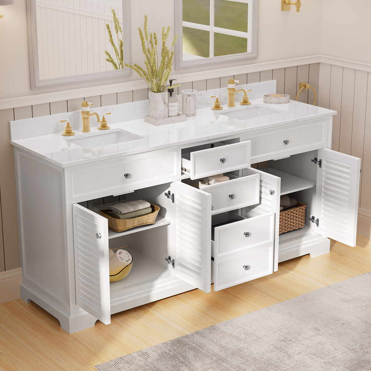 Lark Manor™ 72" Double Banthroom Vanity with Marble Countertop Ceramic ...