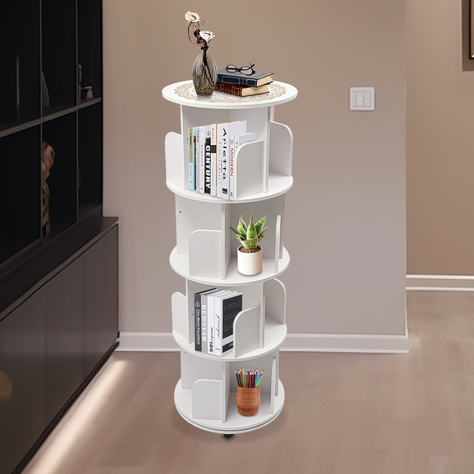 Ebern Designs Hagel 4-layer Rotating Corner Bookcase and Display Stand ...