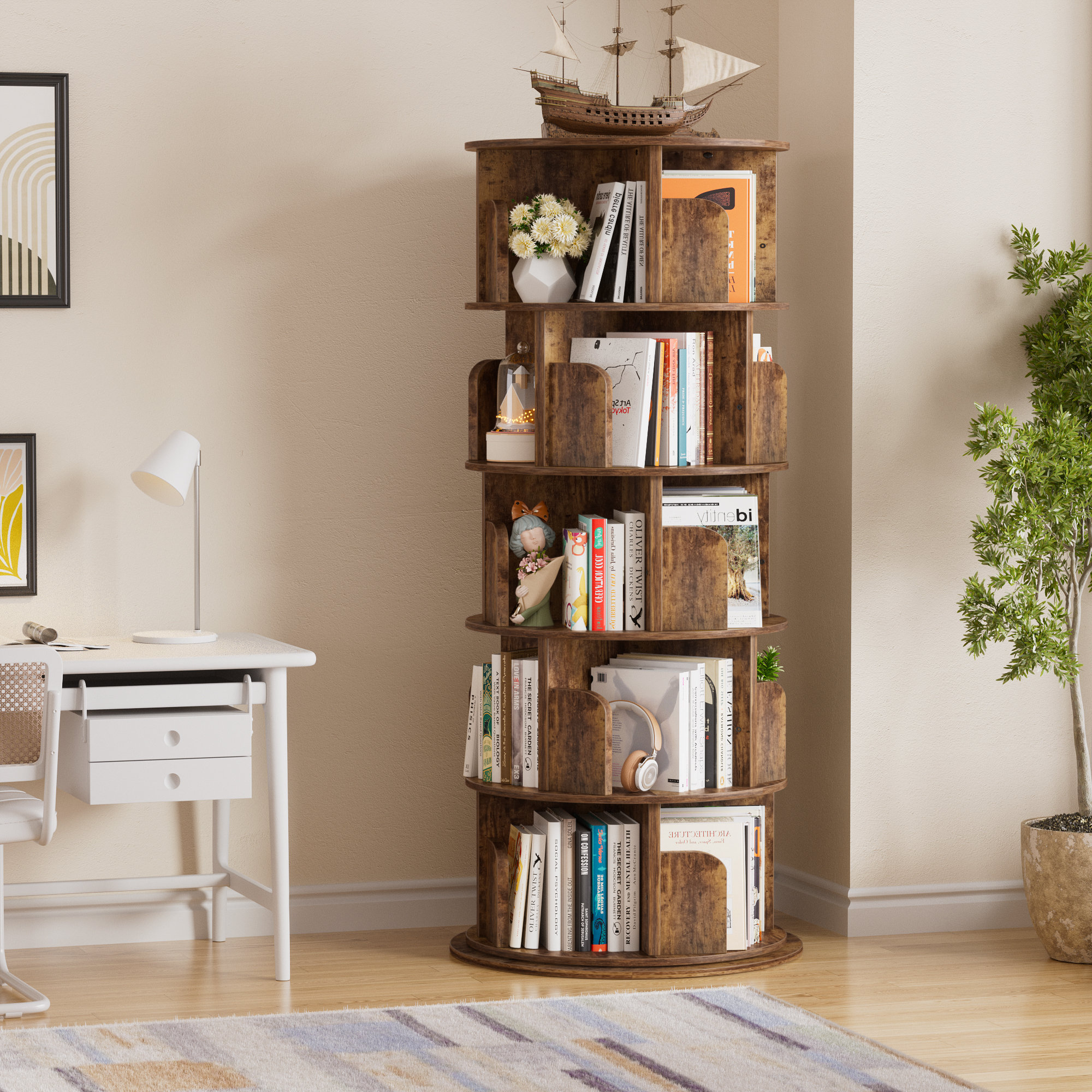 Ebern Designs 5 Tier Rotating Bookshelf, 360° Rotating Bookcase For ...