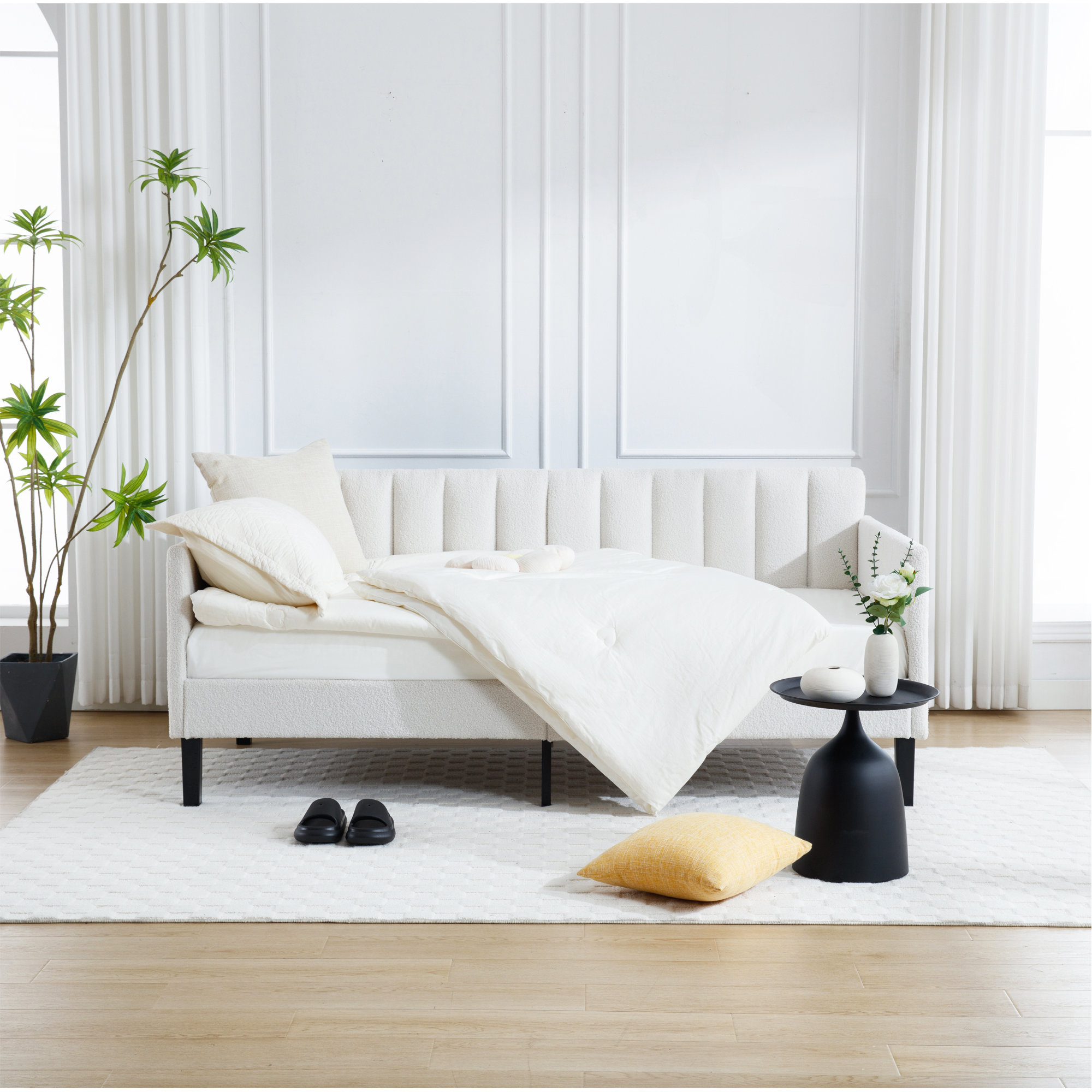 Latitude Run® Elena Twin Size Ivory Boucle Upholstered Daybed, Ribbed ...