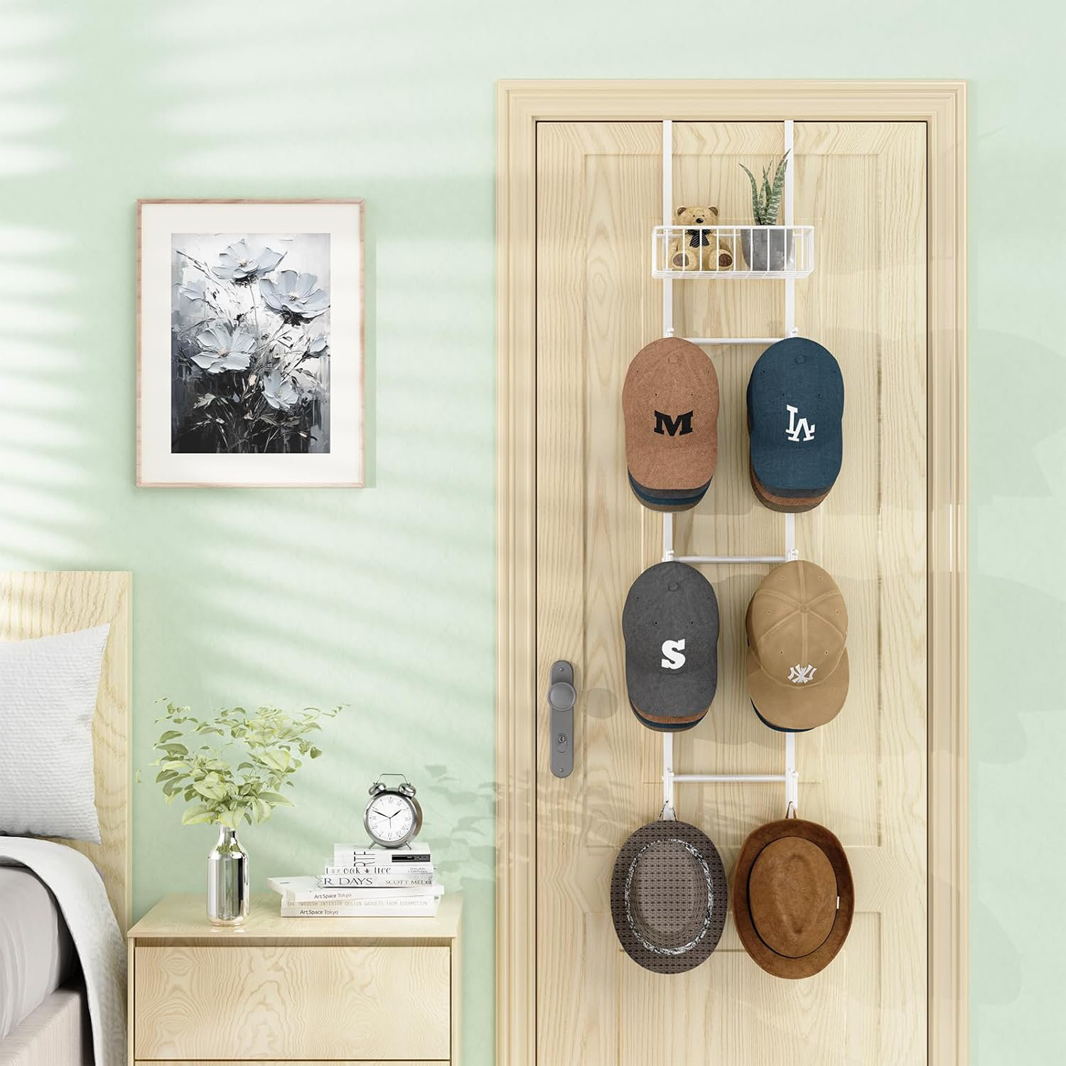 Rebrilliant Over Door Hat Rack With 6 Hooks And Storage Basket - Wall ...
