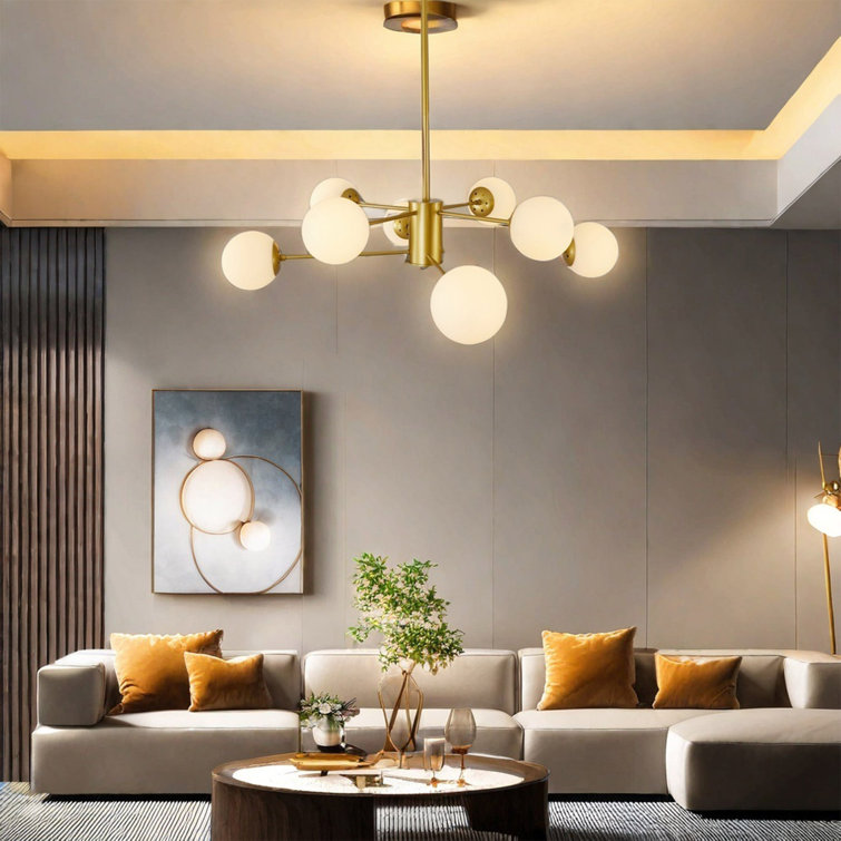 Mercer41 Modern 8-Light Gold Chandelier With White Glass Globe Shades ...
