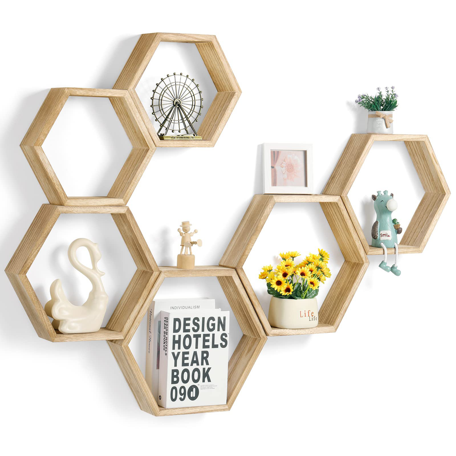 One Allium Way® Hexagon Floating Shelves Wall Mounted Farmhouse Wood ...