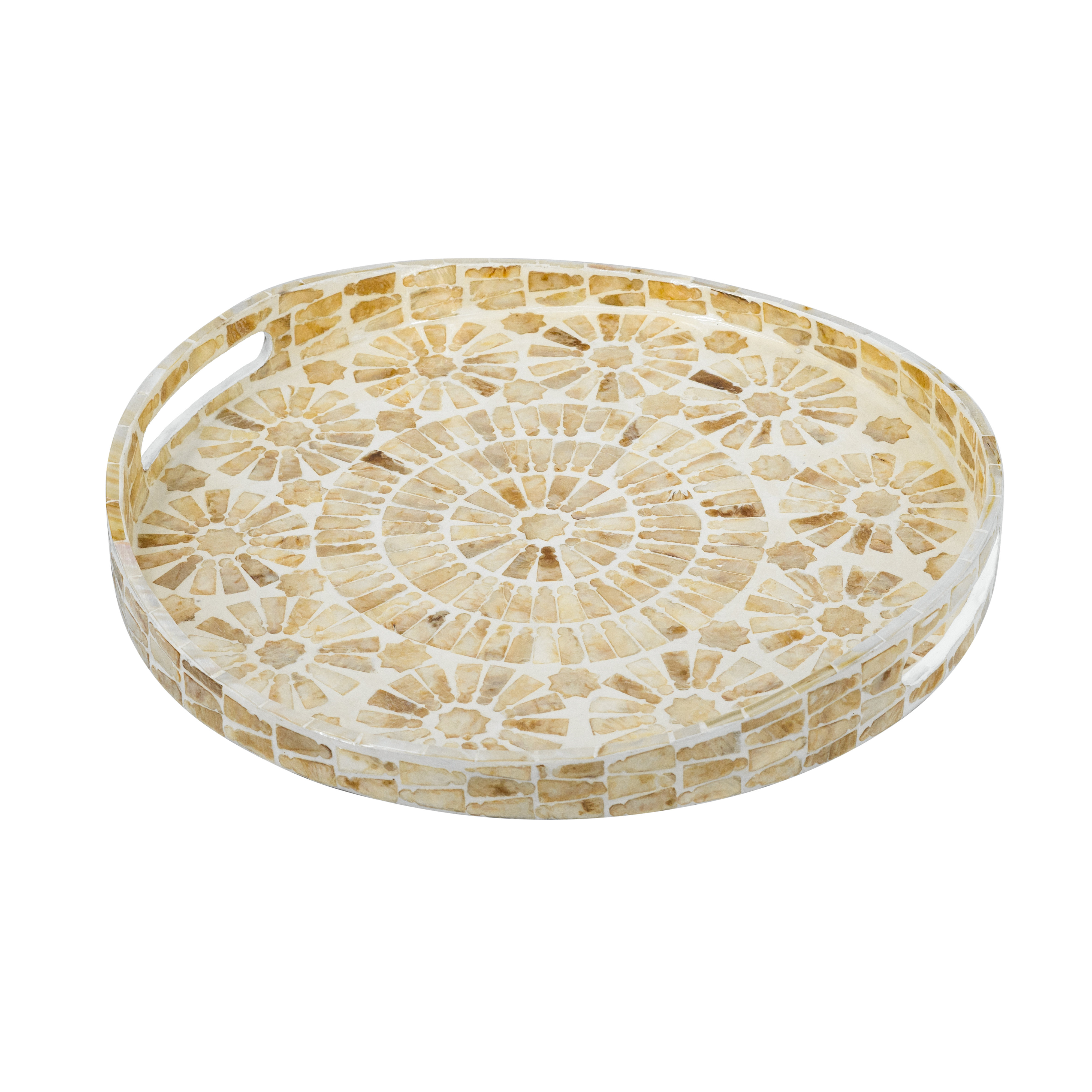 Ivy Bronx D16x2" Round Wooden Accent Tray With Cut-Out Handles And Gold ...
