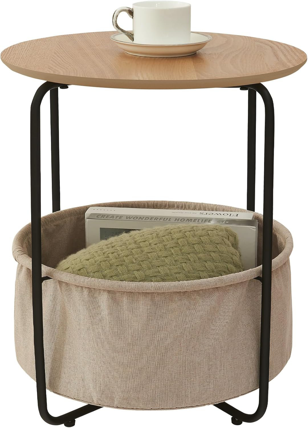 Elaine Mercure Round Side Table, Small End Table With Fabric Basket ...