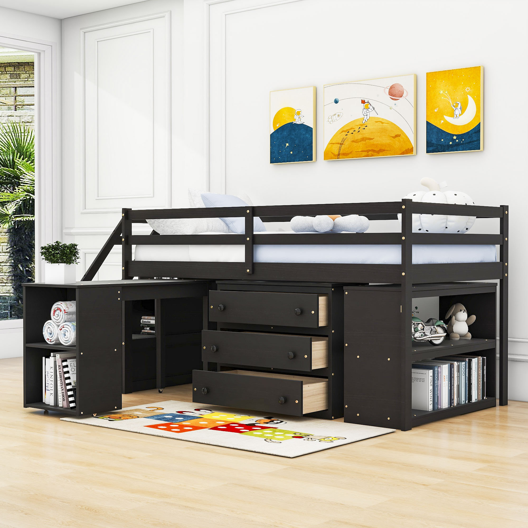 Harriet Bee Longmeadow Wood 3 Drawers Loft Bed with Retractable Desk ...