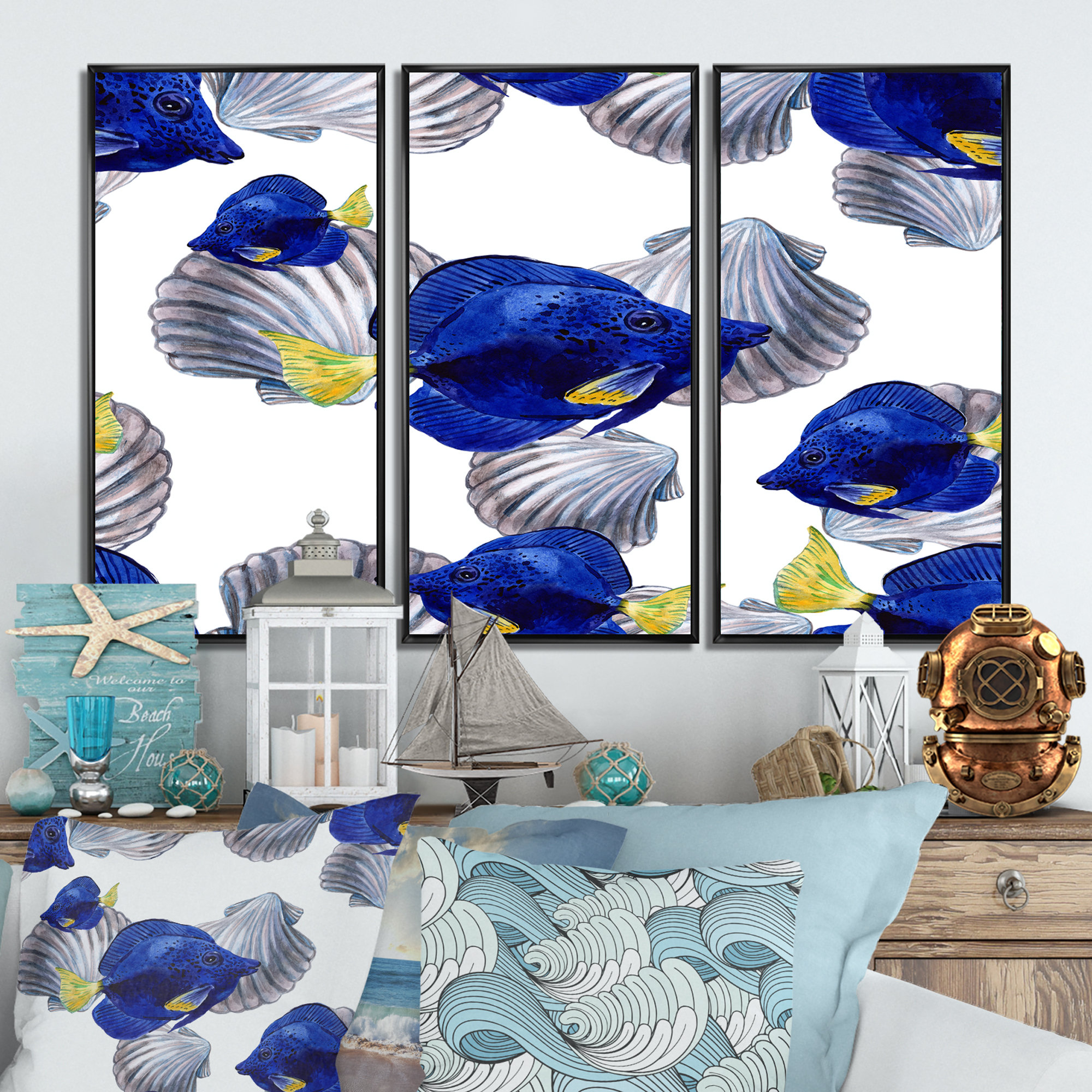 Highland Dunes Dark Blue Deep Sea Fish - Nautical & Coastal Framed ...