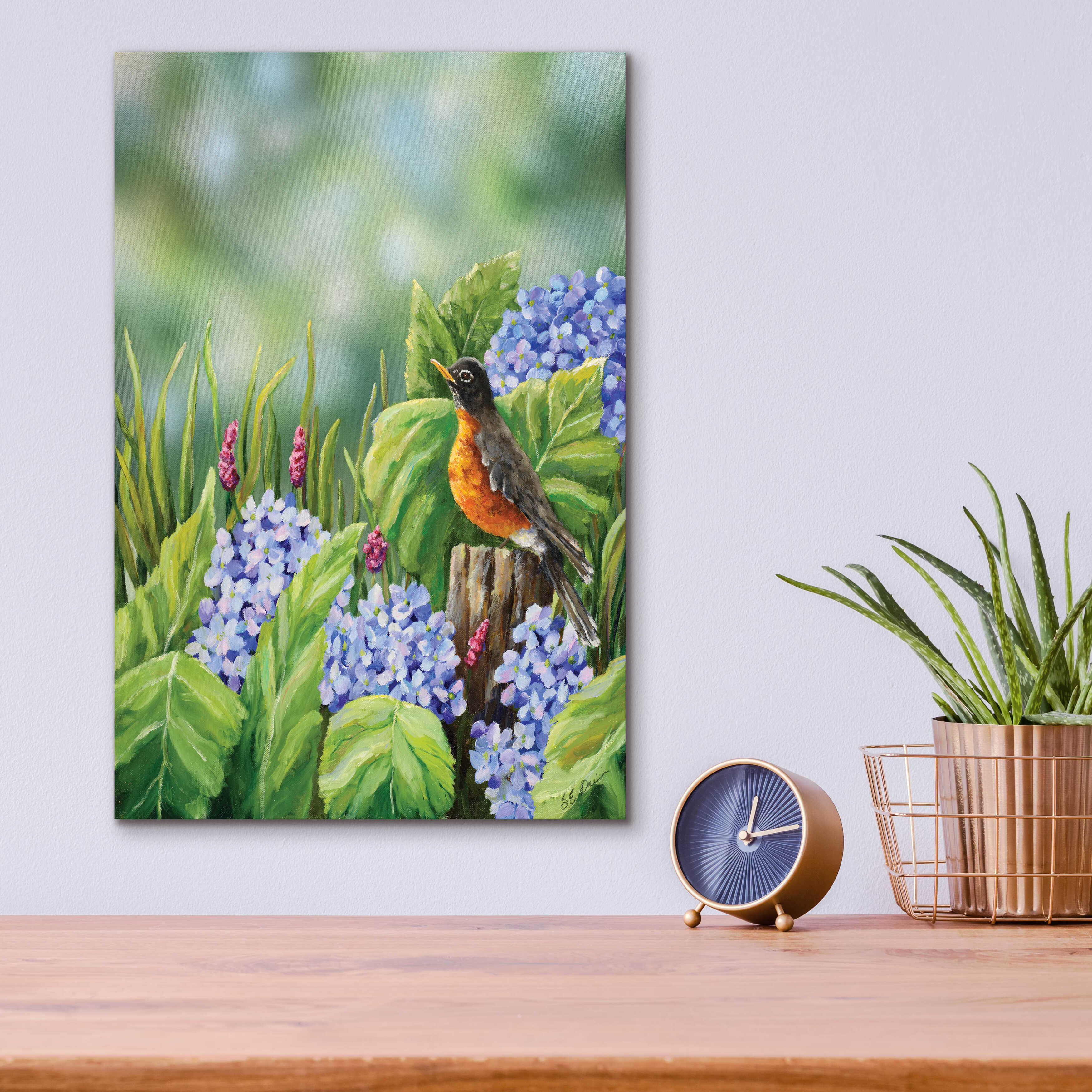 Red Barrel Studio Robin with Hydrangeas by Sarah Davis - Unframed ...