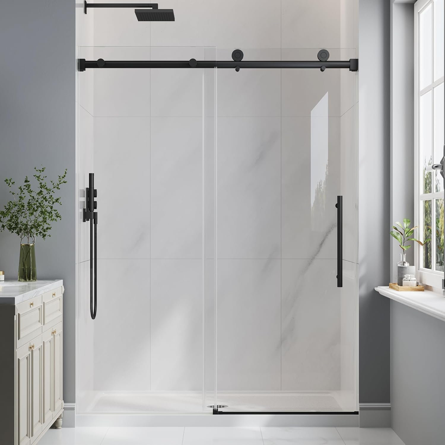 EASYWORC 55"-60" W x 76" H Single Sliding Frameless Shower Door with 1/ ...
