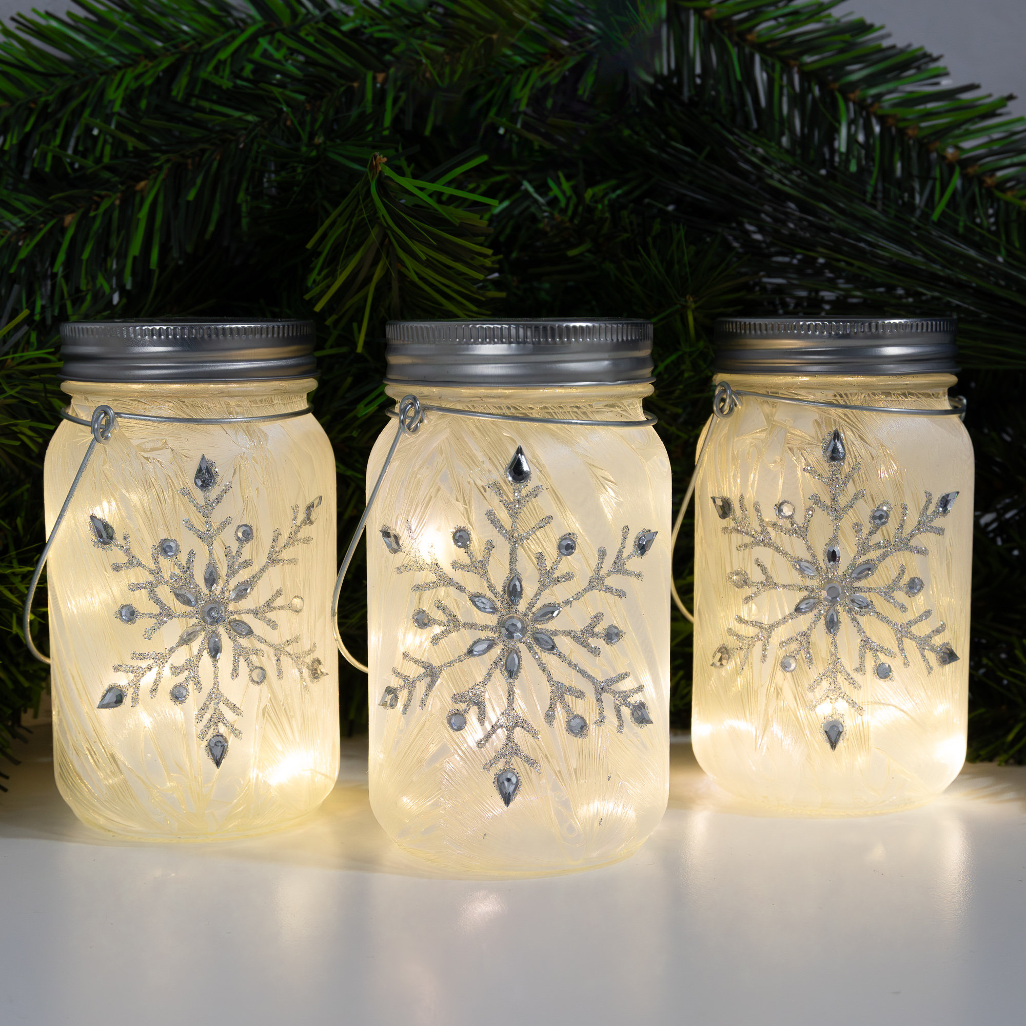The Holiday Aisle® Battery Operated Silver Snowflake Glass Mason Jars ...
