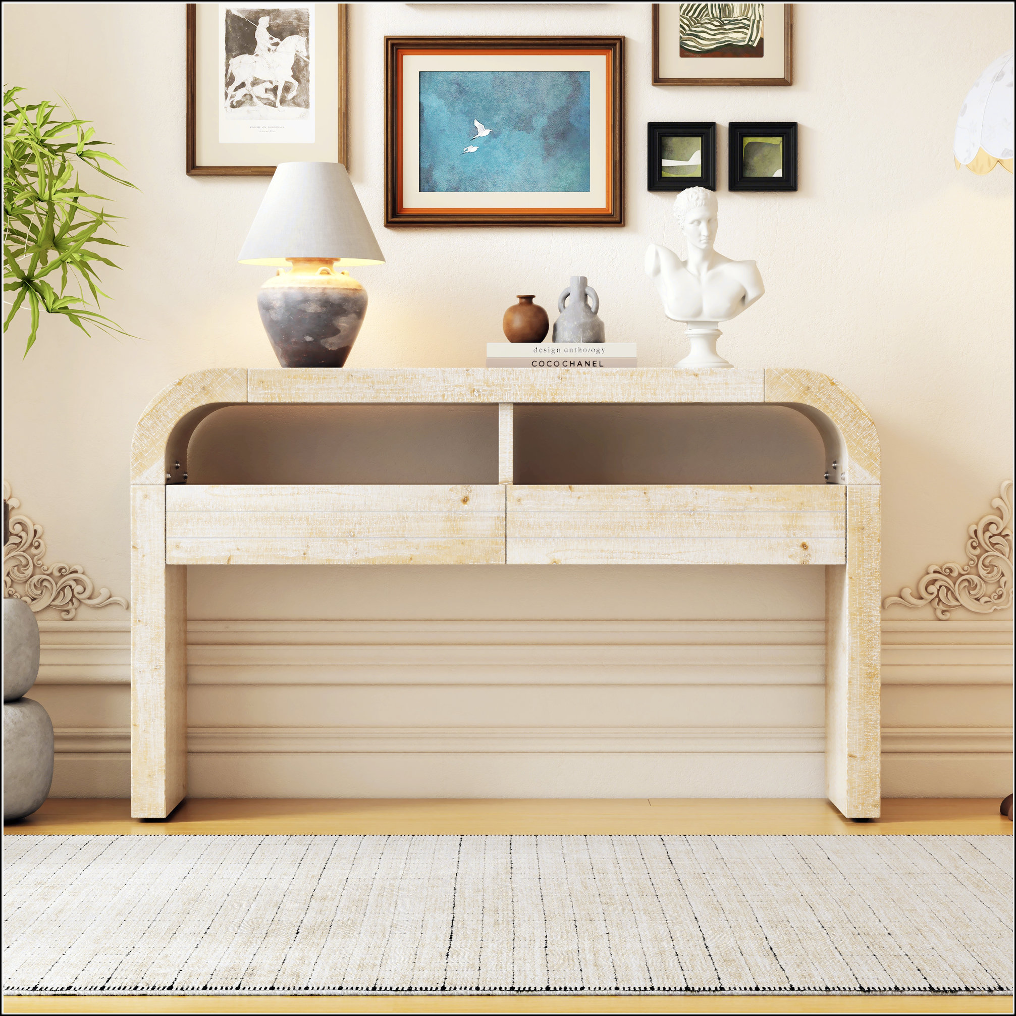 Gracie Oaks Retro Curved Sofa Table With 2 Large Drawers | Wayfair