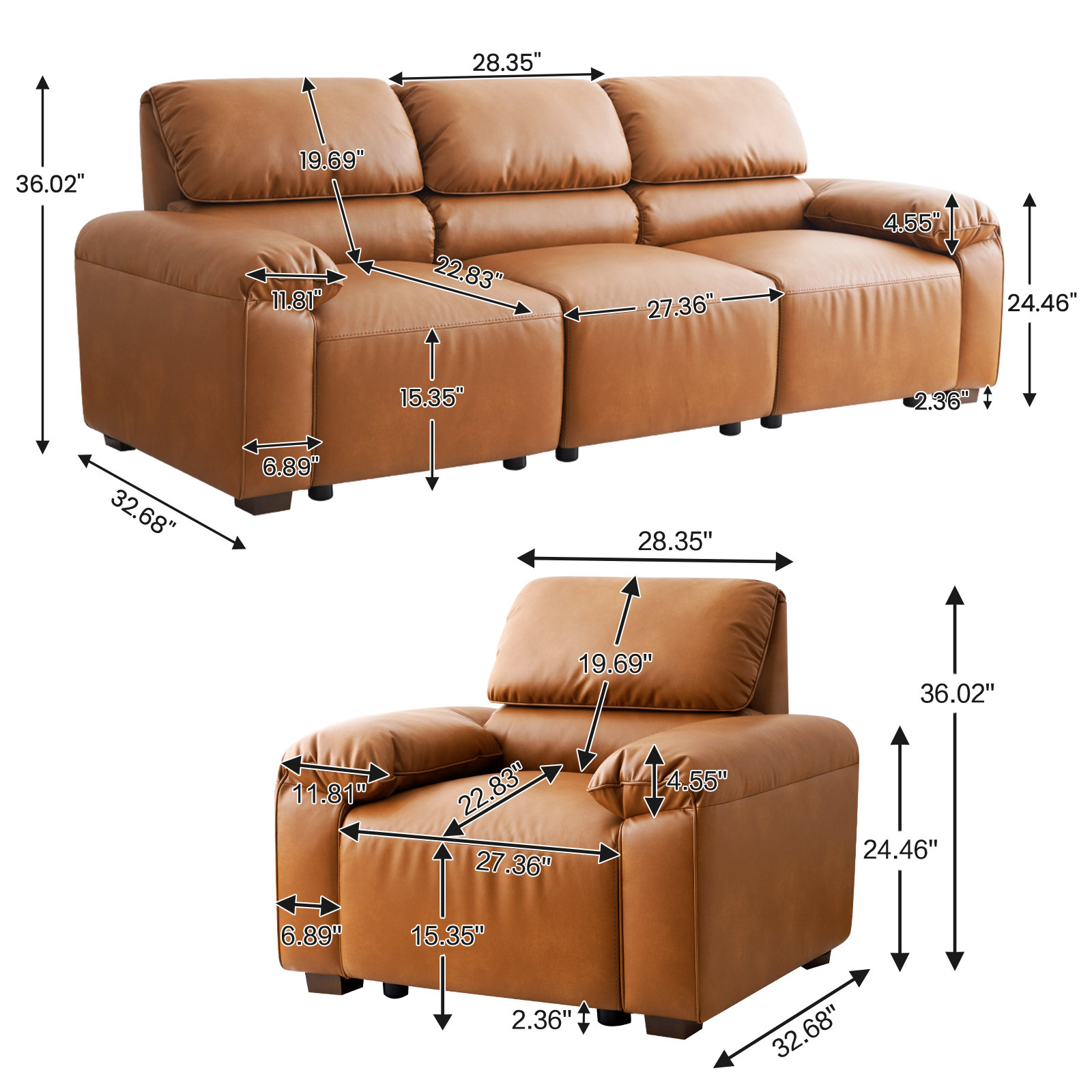 Latitude Run® 2-Piece Faux Leather Upholstery Sofa Set for Living Room ...