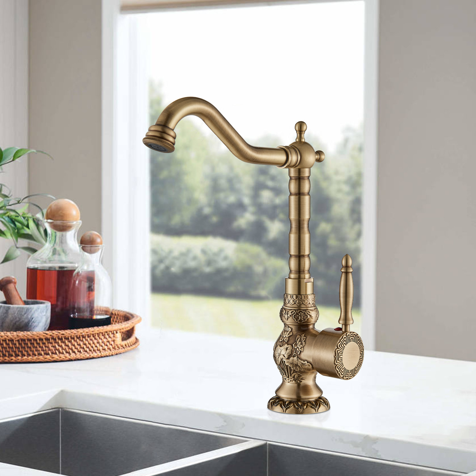 AlenArtWater Bathroom sink Faucet Carved Flower Antique Brass Single ...