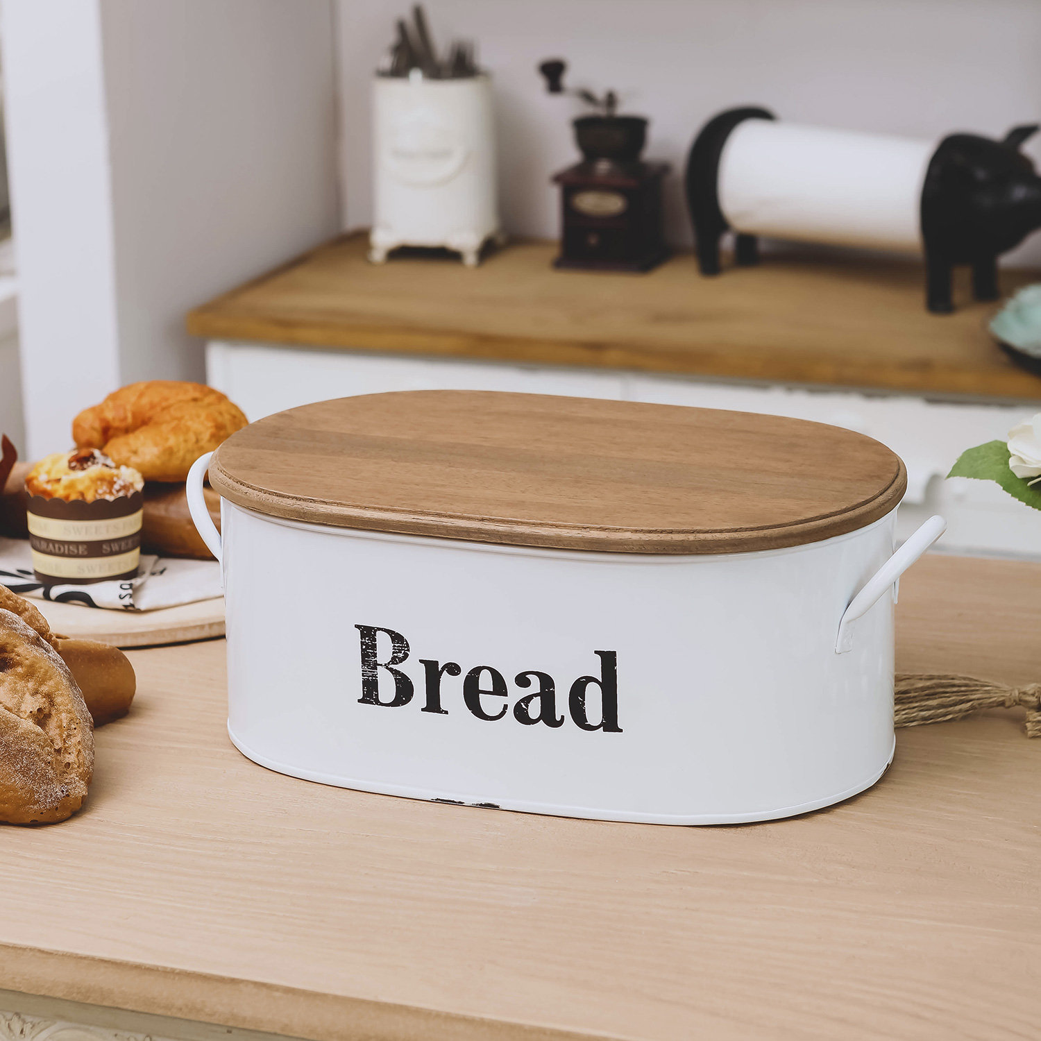 Rosalind Wheeler Wood And Metal Enamel Bread Box With Lid And Handles ...