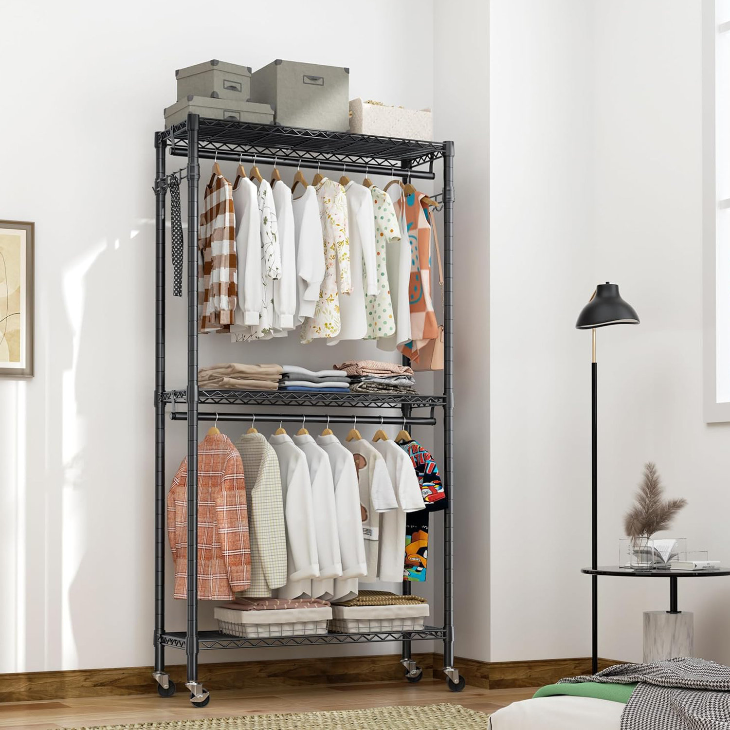 Rebrilliant Rolling Garment Rack, 3 Tier Adjustable Wire Shelving ...