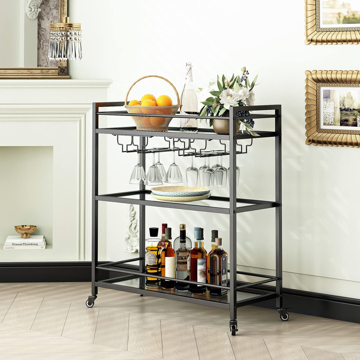 One Allium Way Glass Black Bar Carts for Home with Hanging Wine Rack ...