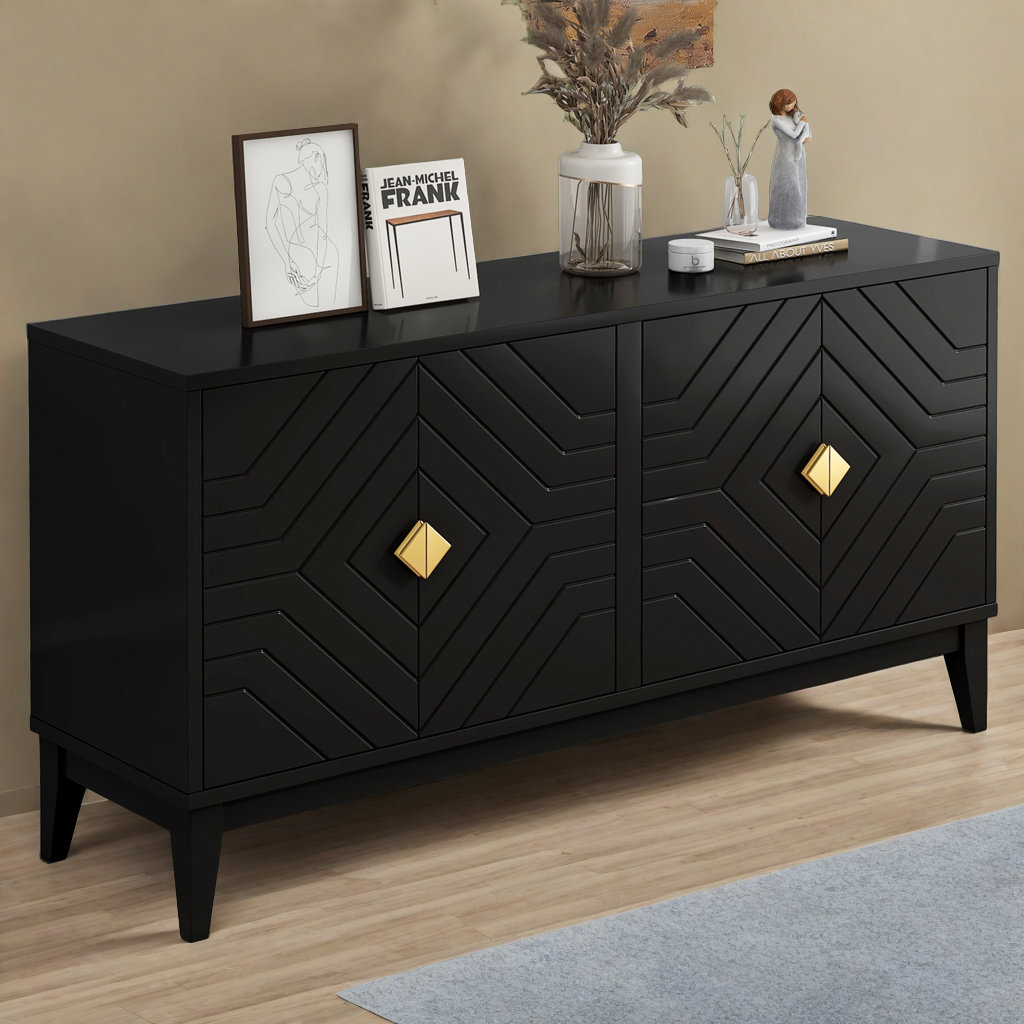 George Oliver 60" Black & Gold Sideboard – Rubberwood Storage Cabinet ...
