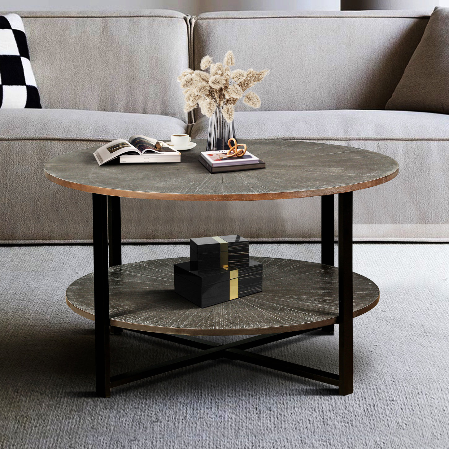 17 Stories Round Coffee Table With 2-Tier Storage, Farmhouse Living ...