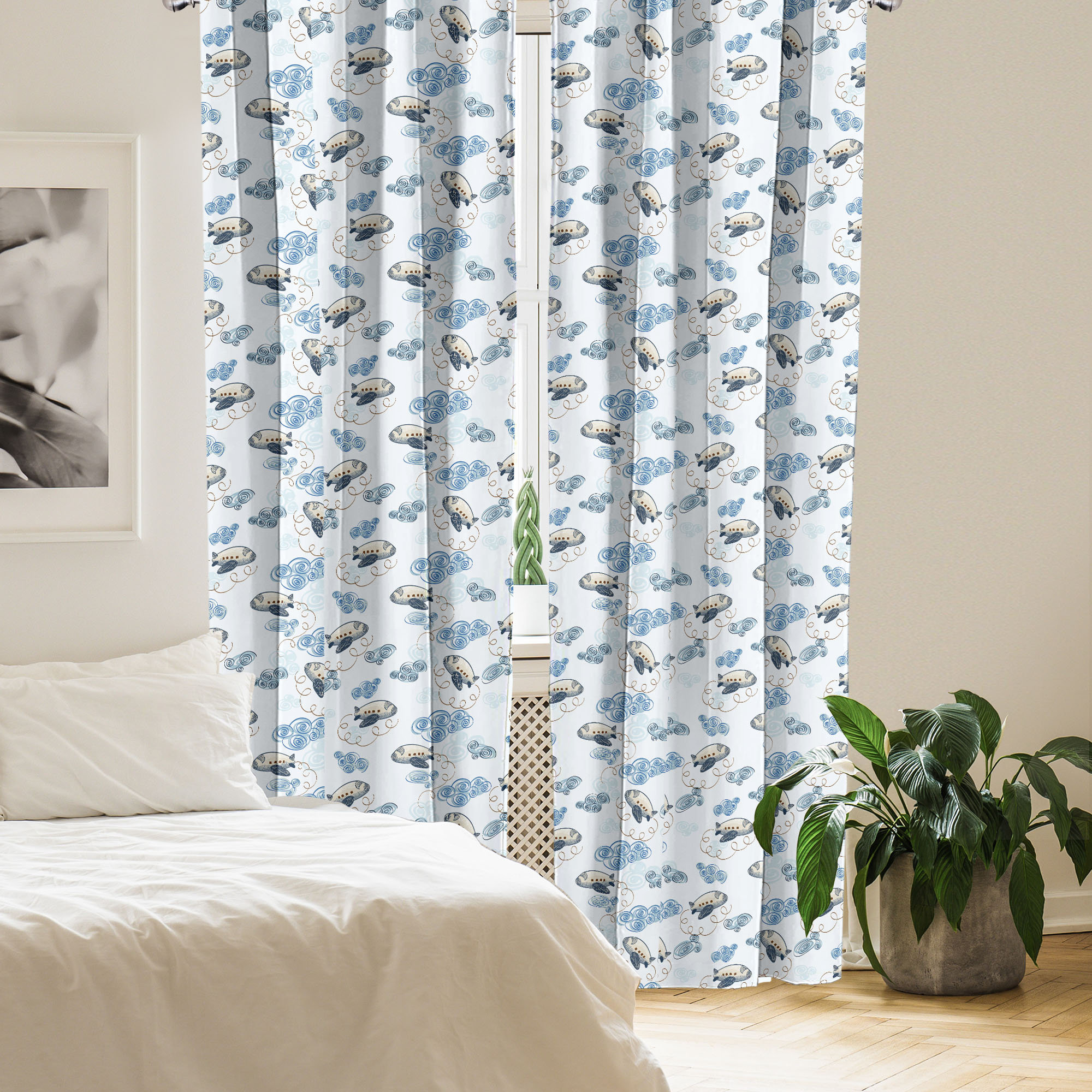 East Urban Home Plane 4-Panel Curtains, Airplanes and Clouds, Dark Blue ...