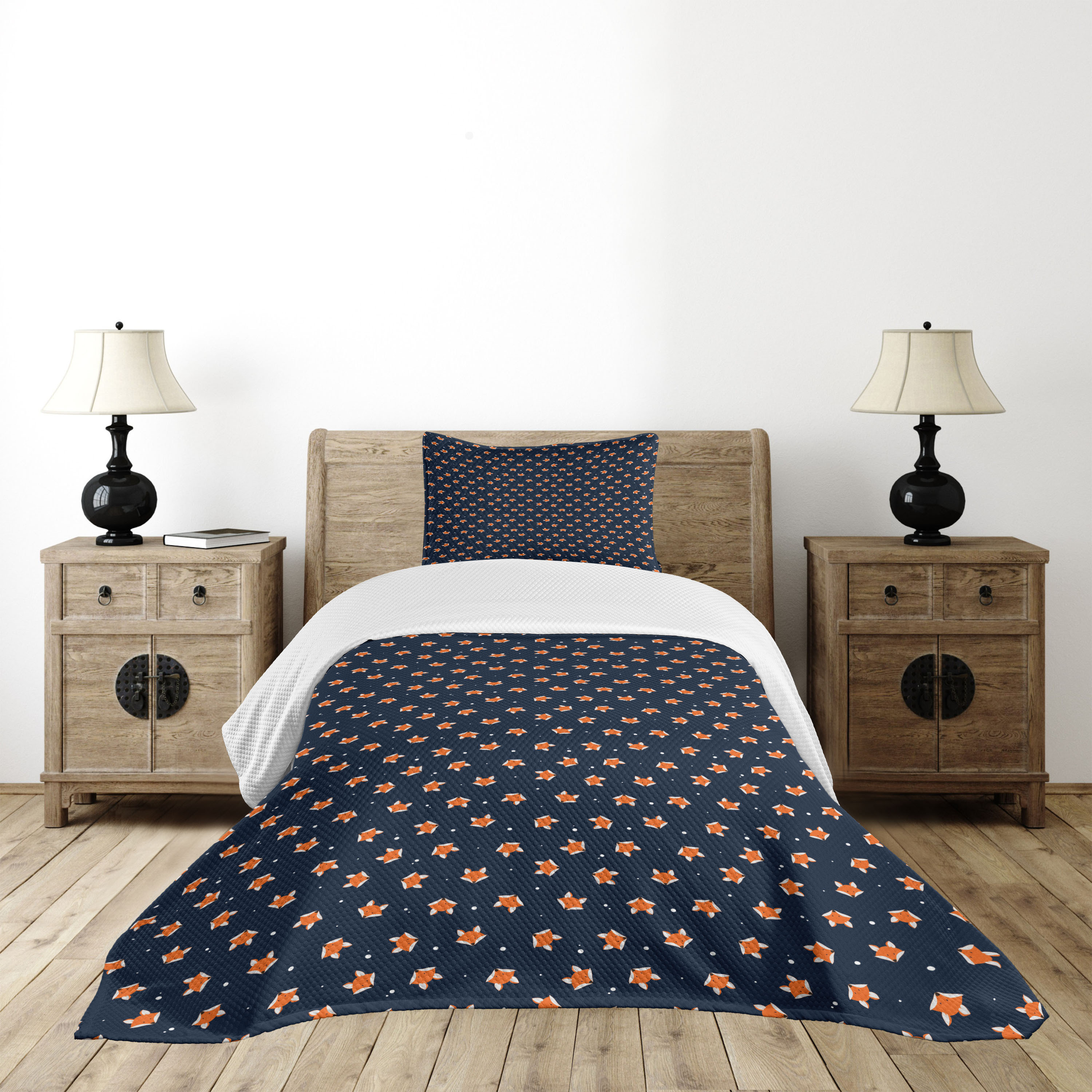 Ambesonne Fox Bedspread Set Small Orange Forest Mammal Navy Blue Orange ...