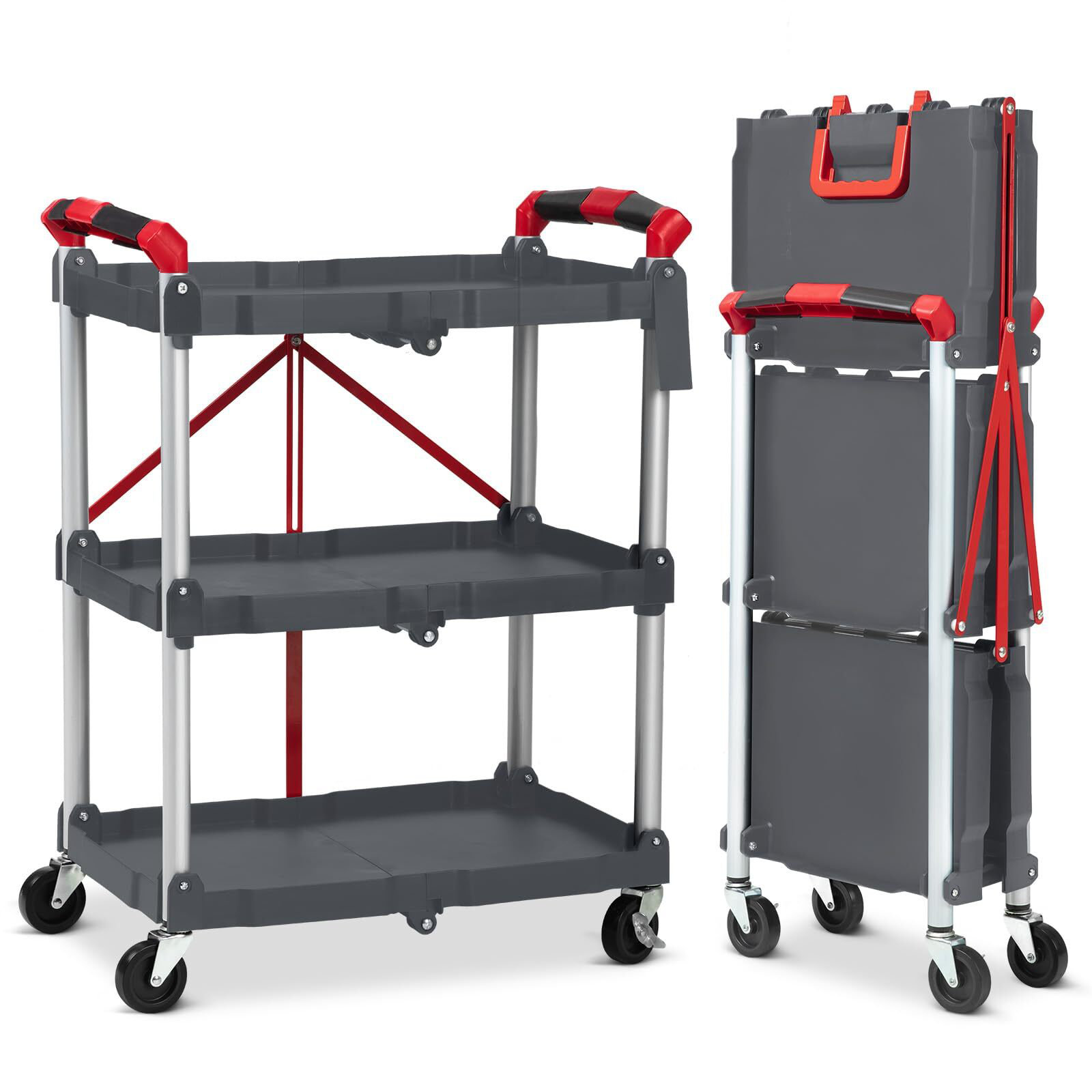 babevy Portable Folding Service Cart, 3 Tier Folding Utility Cart | Wayfair