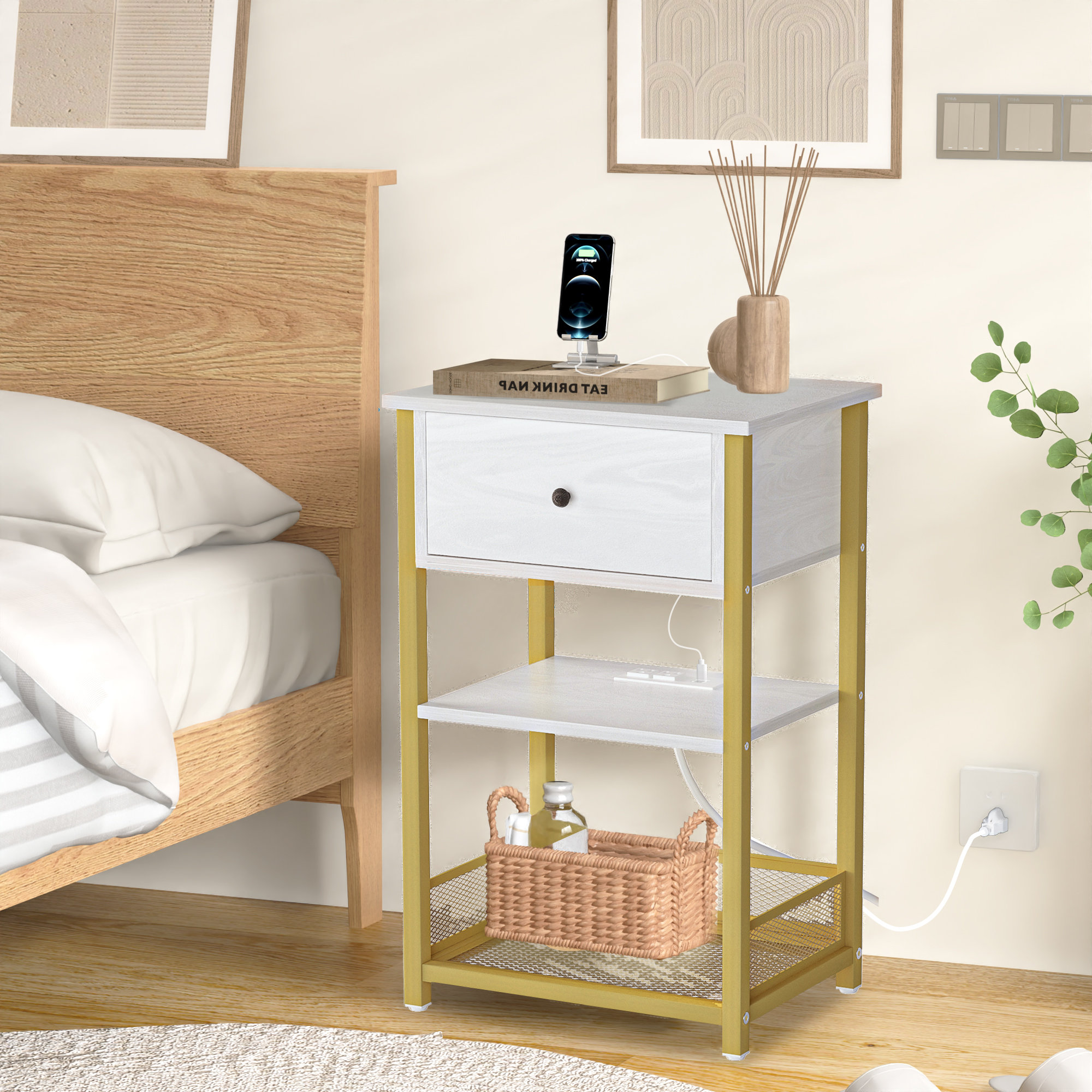 Ebern Designs Phawak USB Port & Power Outlet Metal Nightstand & Reviews ...