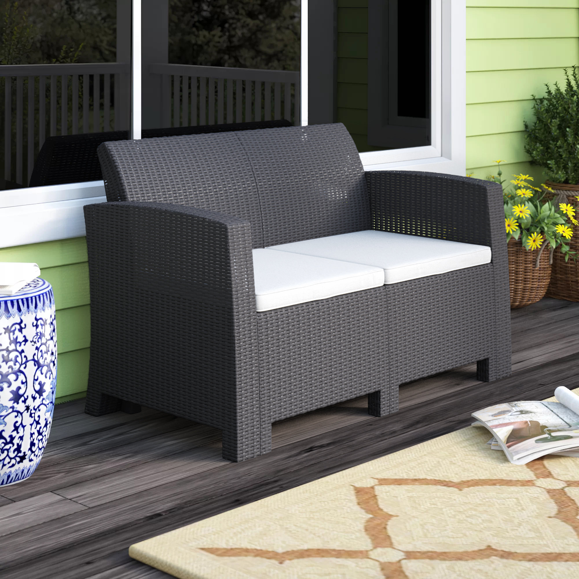 Beachcrest Home™ Alderman Faux Rattan Loveseat with All-Weather ...