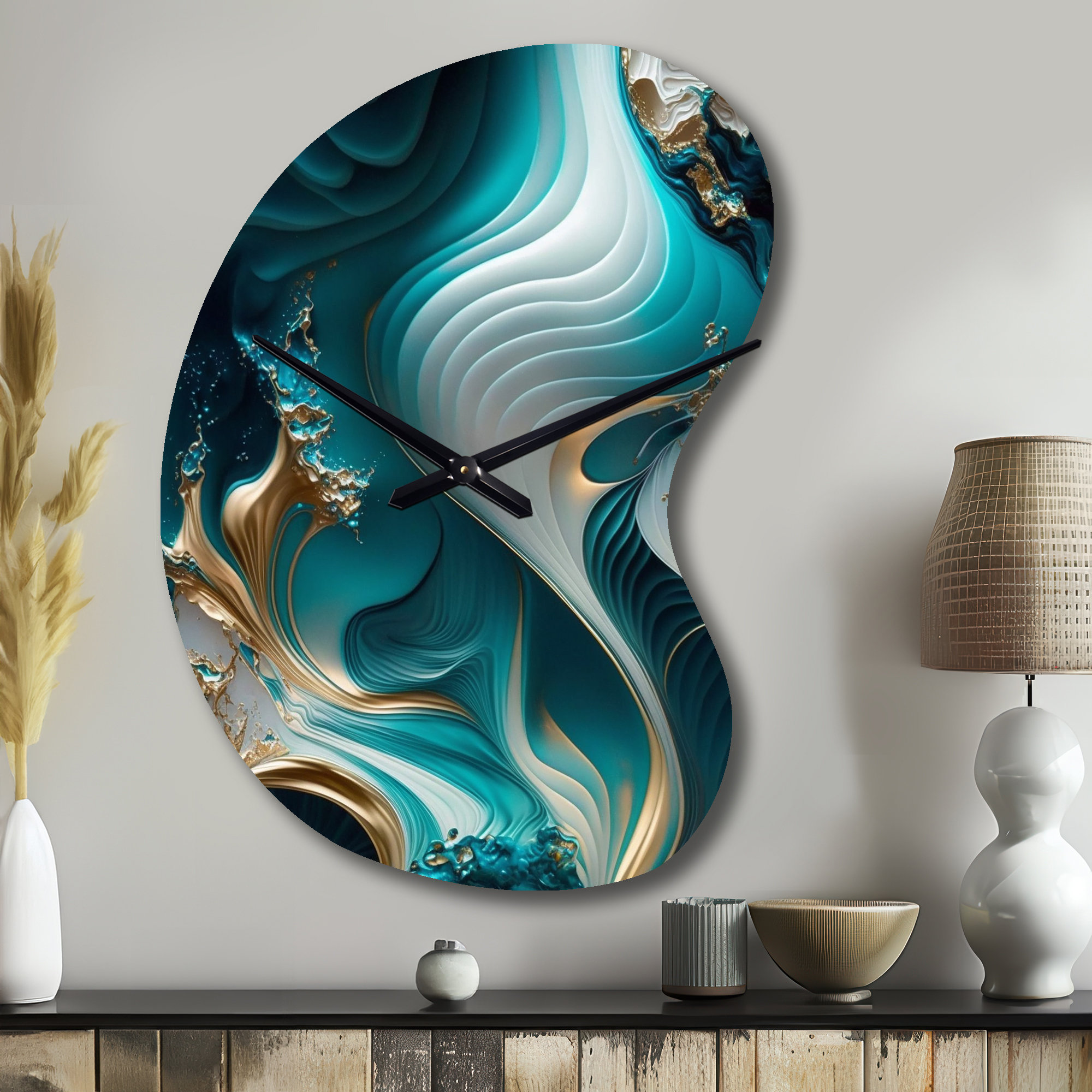 Design Art Abstract Geode Turquoise II - Boom Shape Green Wall Clock ...