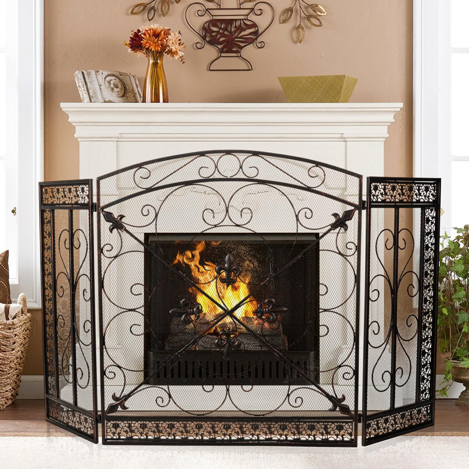Winston Porter 3 Panel Folding Fireplace Screens,52.4 x 31 Inch Metal ...