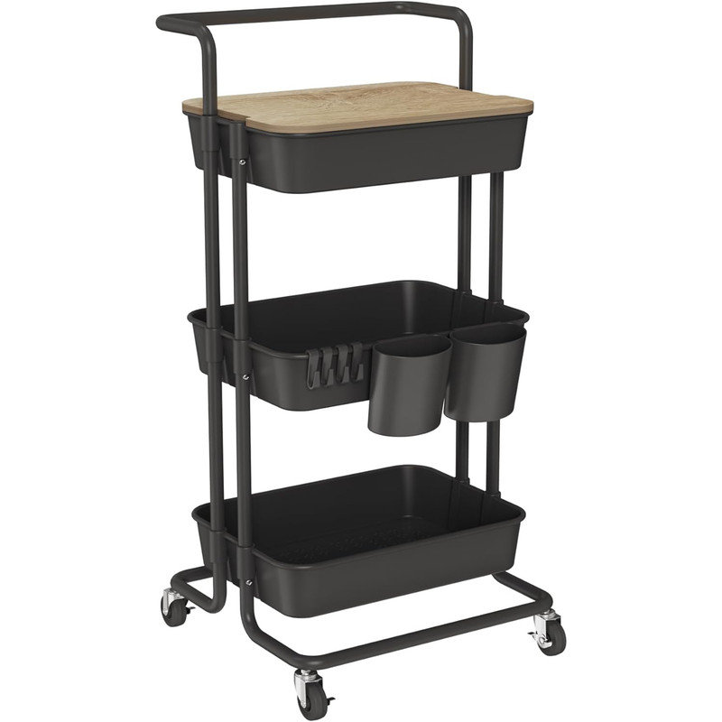 HIGEMZ 3-Tier Metal Utility Roller Cart with Desktop and Side Pockets ...