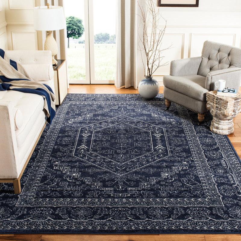 Bungalow Rose Olius Performance Navy/Ivory Rug & Reviews | Wayfair