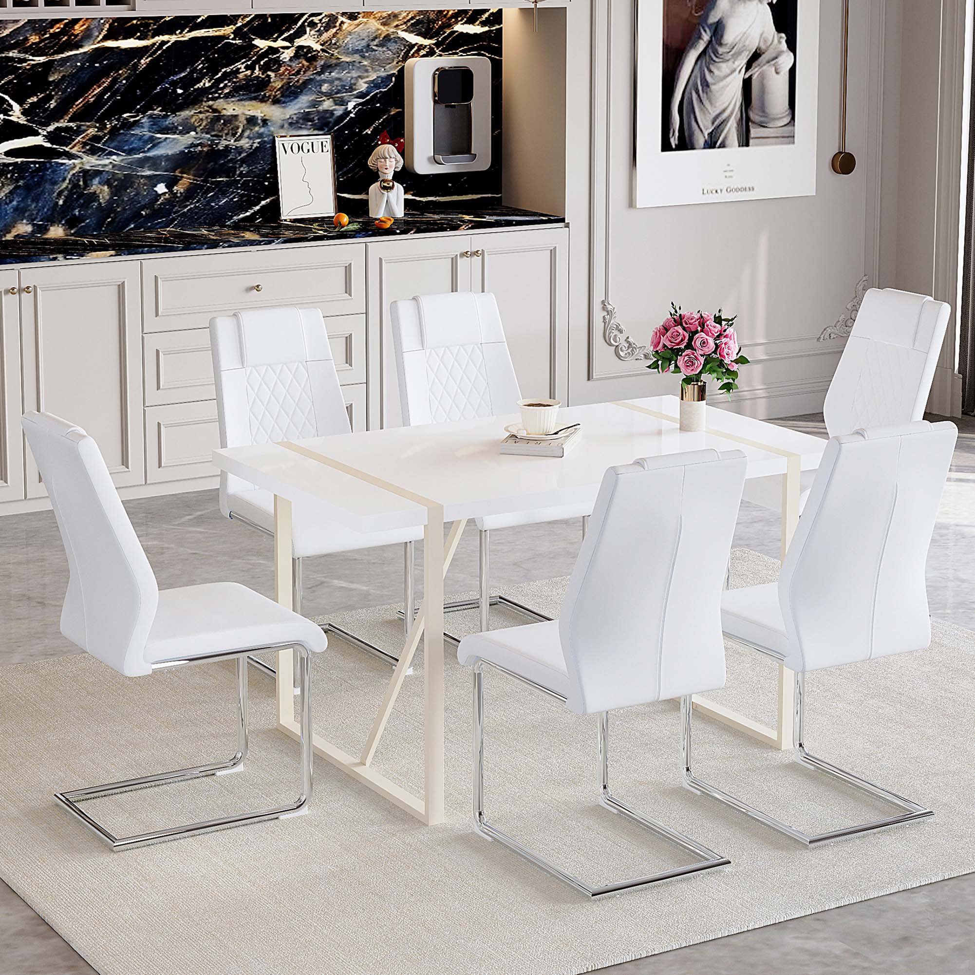 Ivy Bronx Table And Chair Set, Cream-Style MDF Dining Table Set With 6 ...