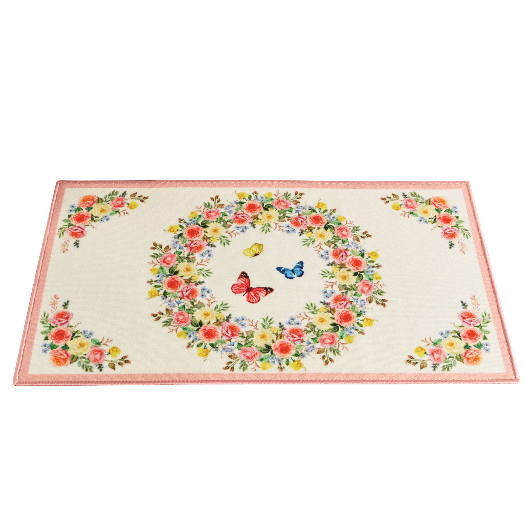 August Grove® Pink Floral Butterfly Wreath Skid-Resistant Accent Rug ...