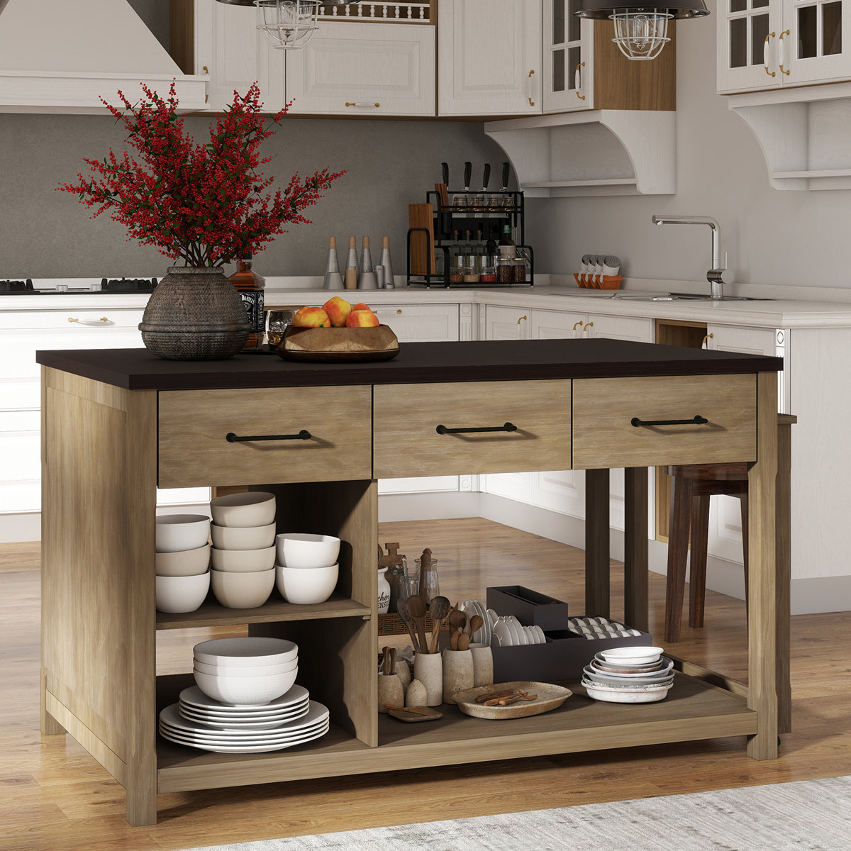 Gracie Oaks Extendable Kitchen Island With Storage And Built-In ...