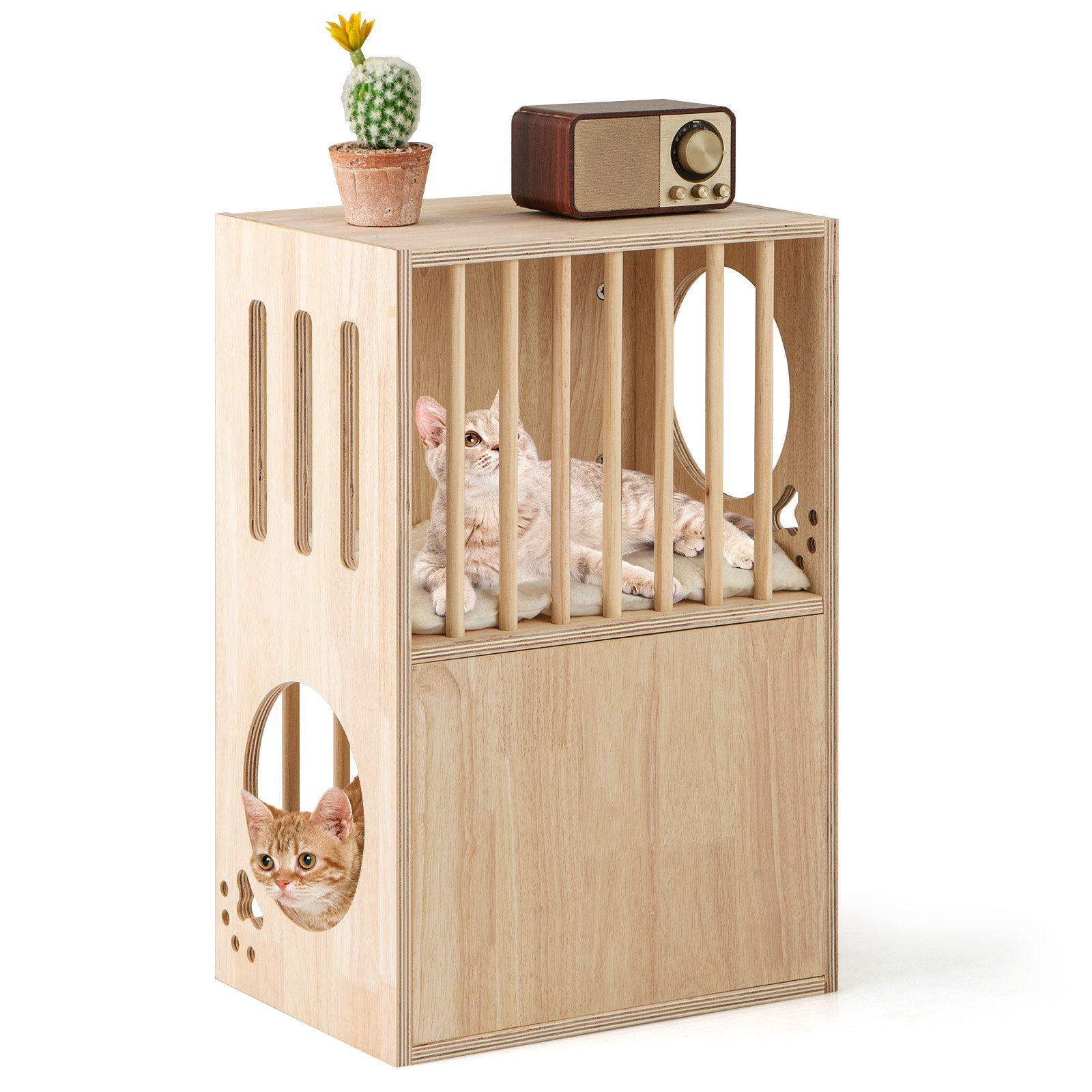 Ebern Designs 2-tier Wooden Cat Condo Indoor Symmetrical Cat House w ...