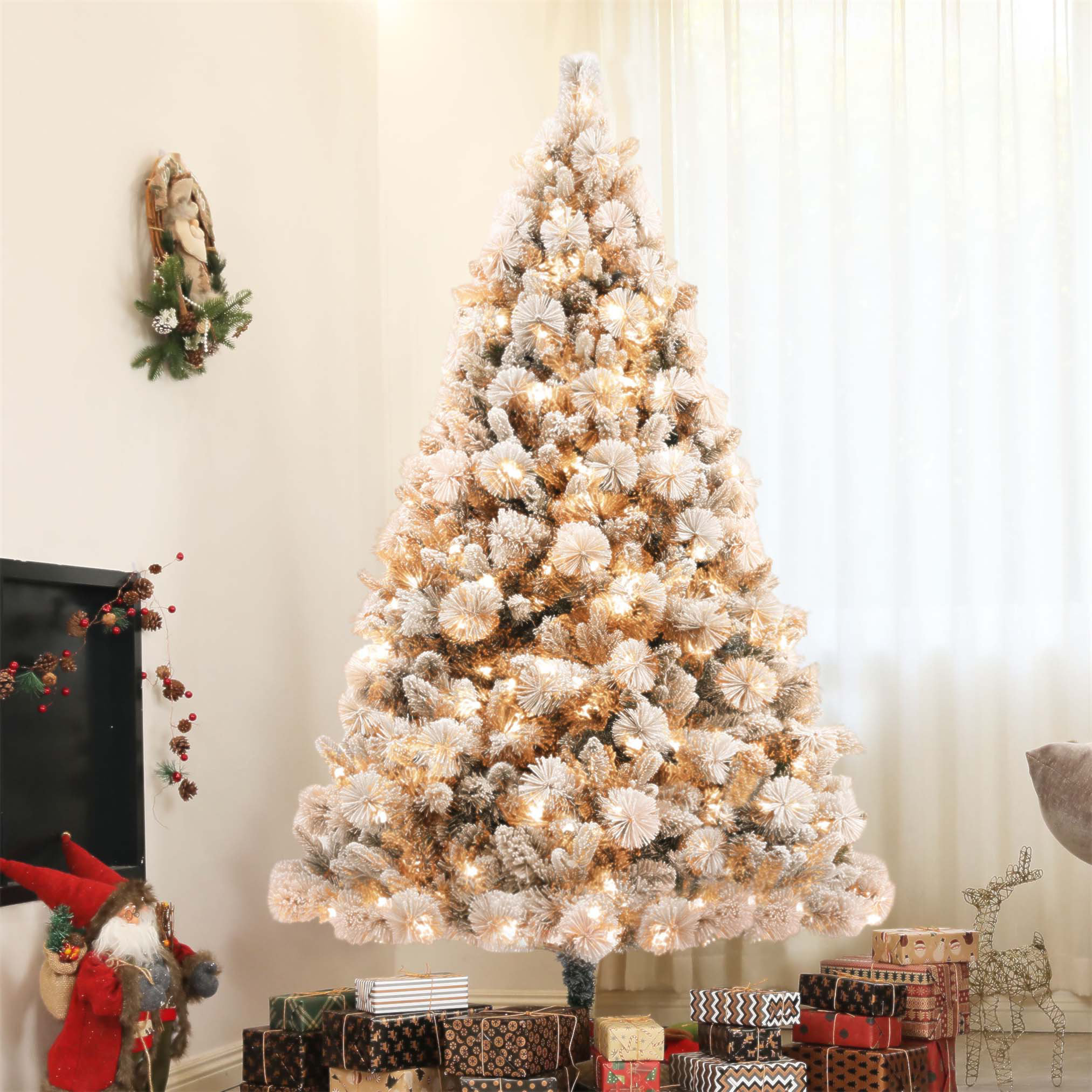 Alcott Hill 6.5 ft Pre-Lit Snow Flocked Christmas Tree with 350 Clear ...