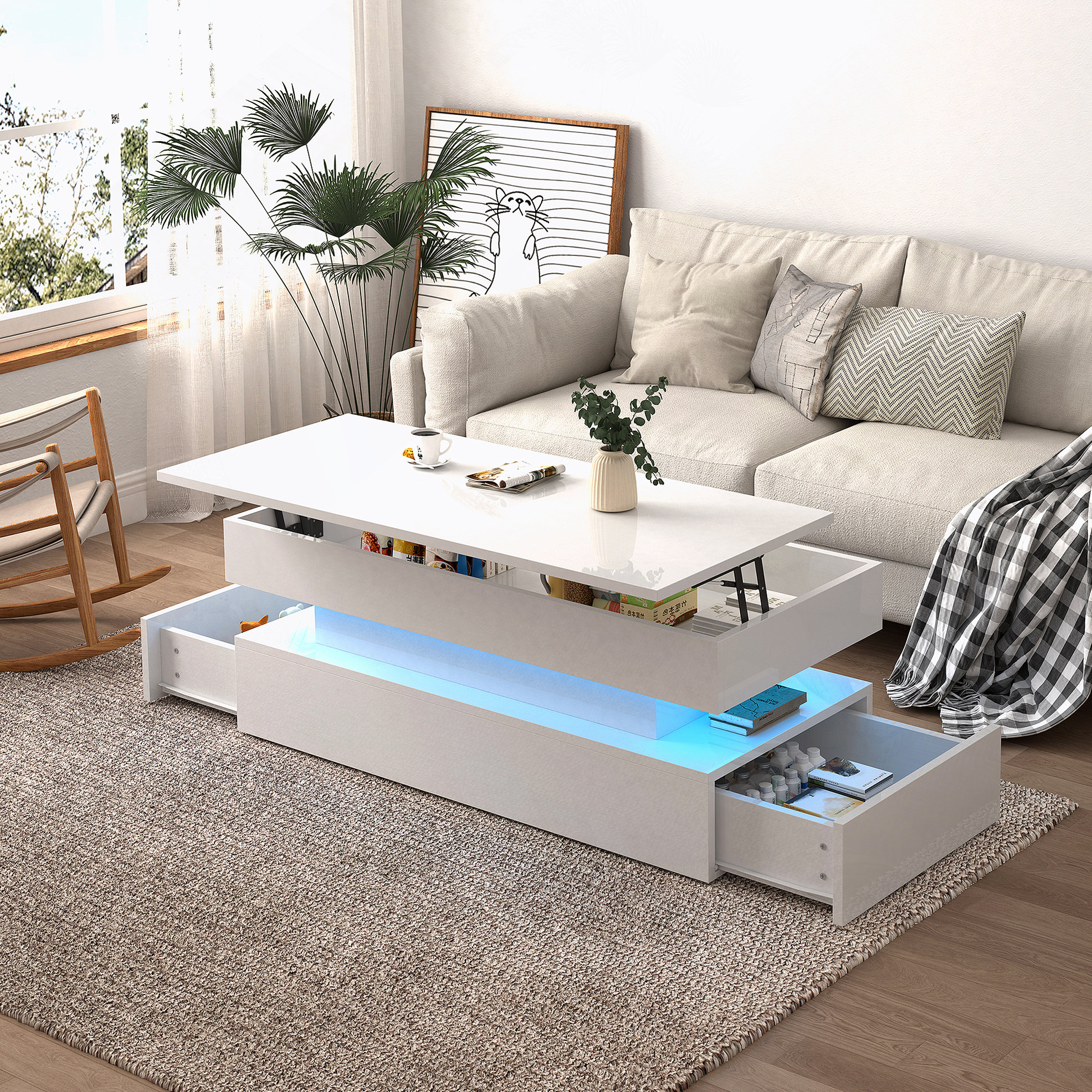 Ivy Bronx Three-Tier Foldable Coffee Table with Drawers for Living Room ...