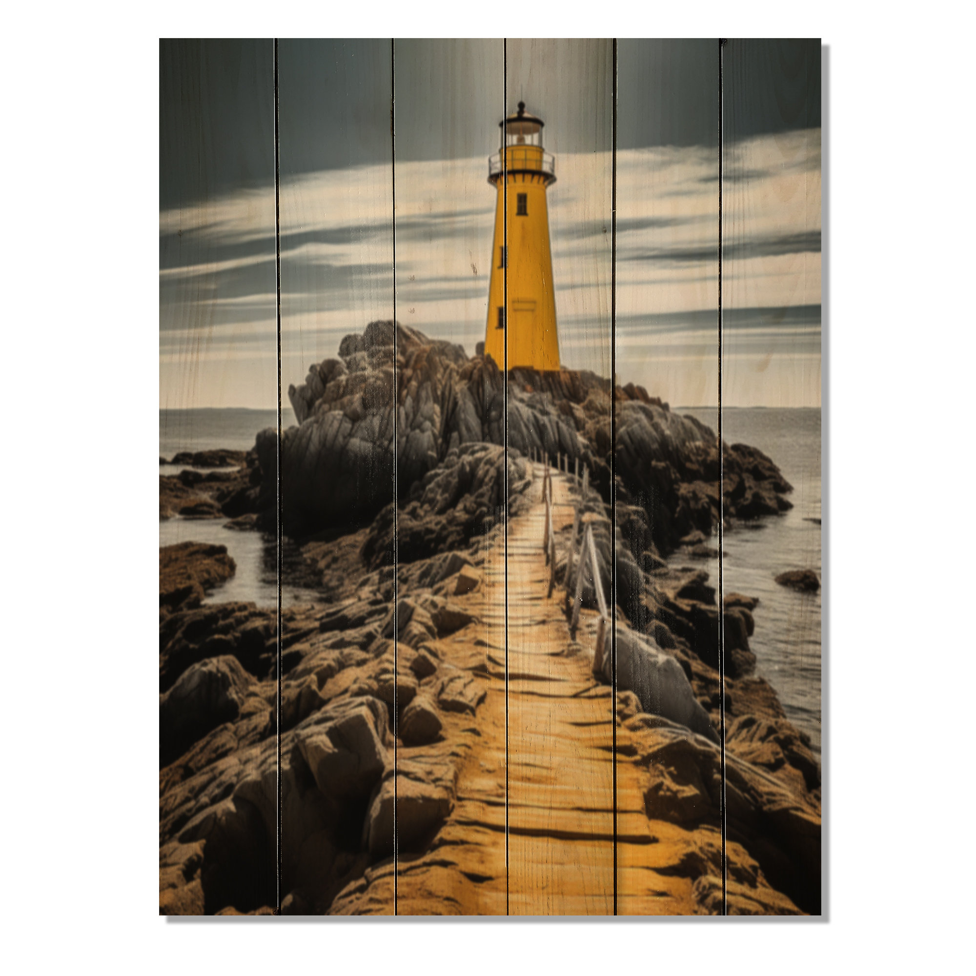 Breakwater Bay Grey And Yellow Lighthouse Photo II On Wood Print | Wayfair