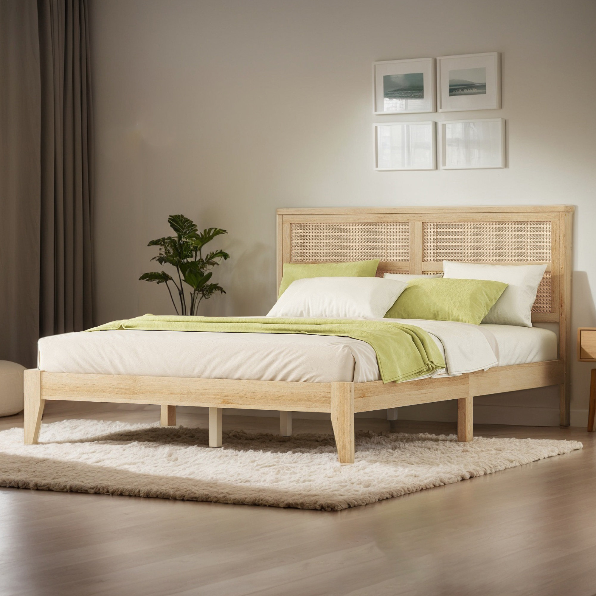 Bay Isle Home™ Queen Size Solid Wood Bed With Rattan Headboard ...