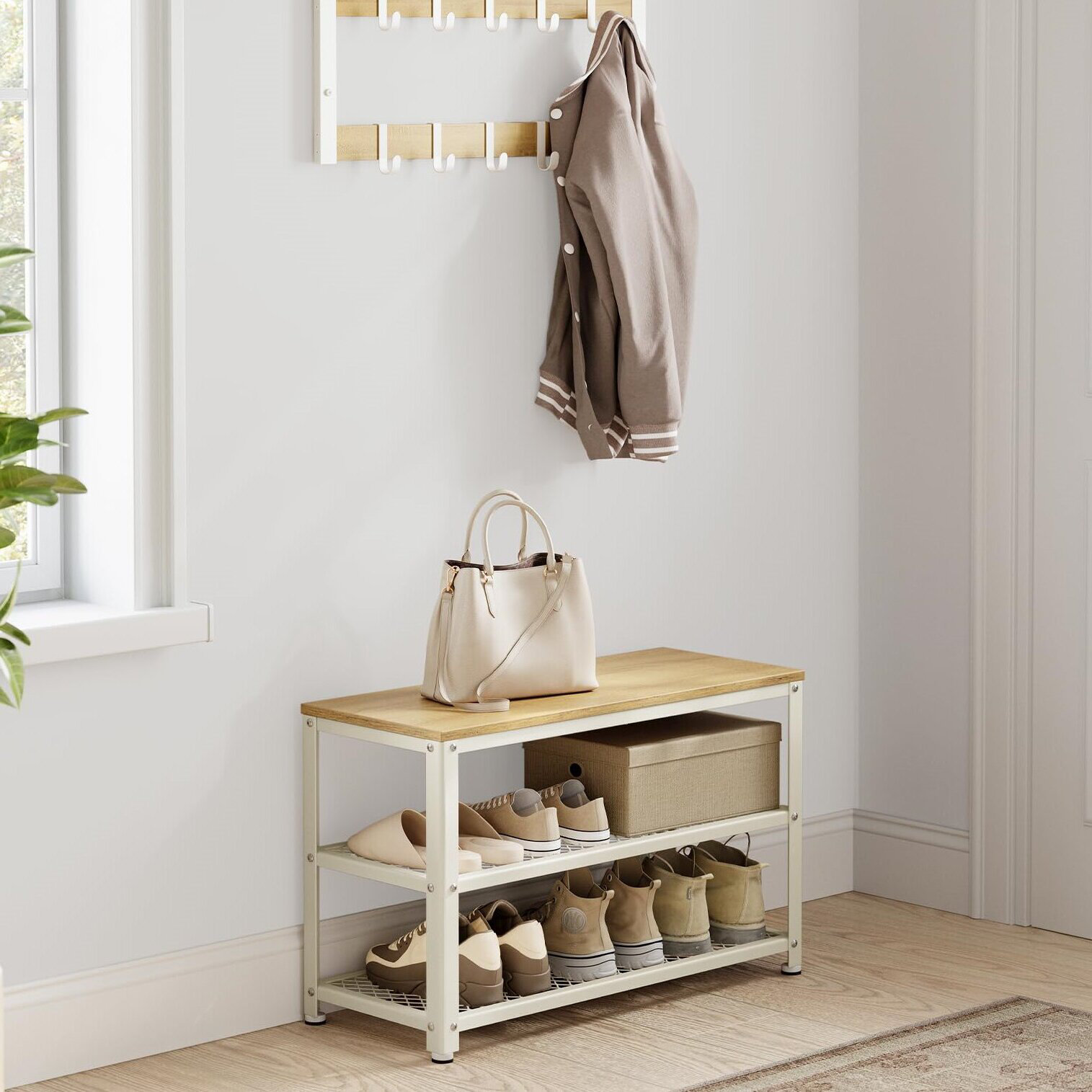 17 Stories 3-Tier Shoe Rack, Shelf Storage Bench with Metal Mesh ...
