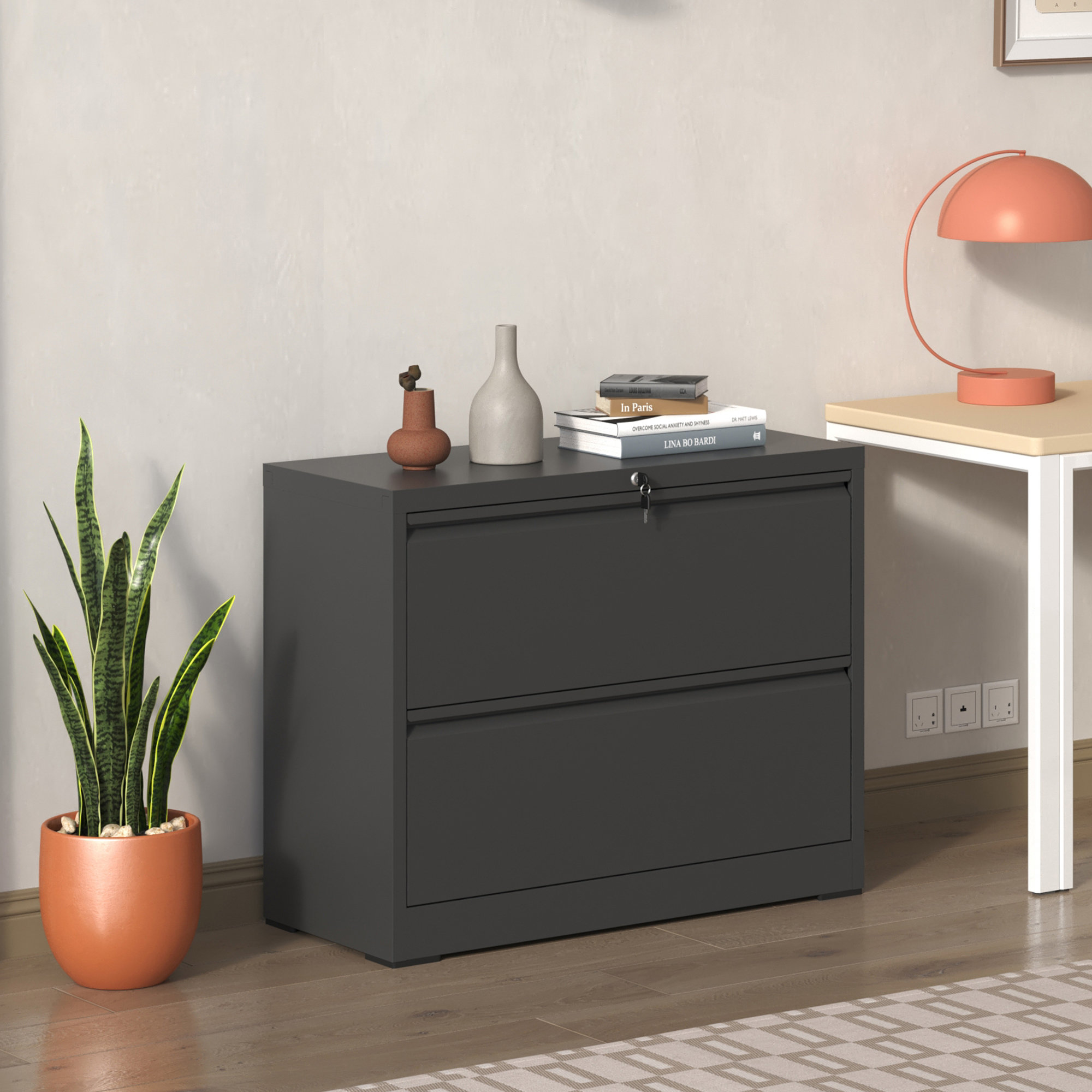 Inbox Zero Lateral File Cabinet 2 Drawer, Black Filing Cabinet with ...