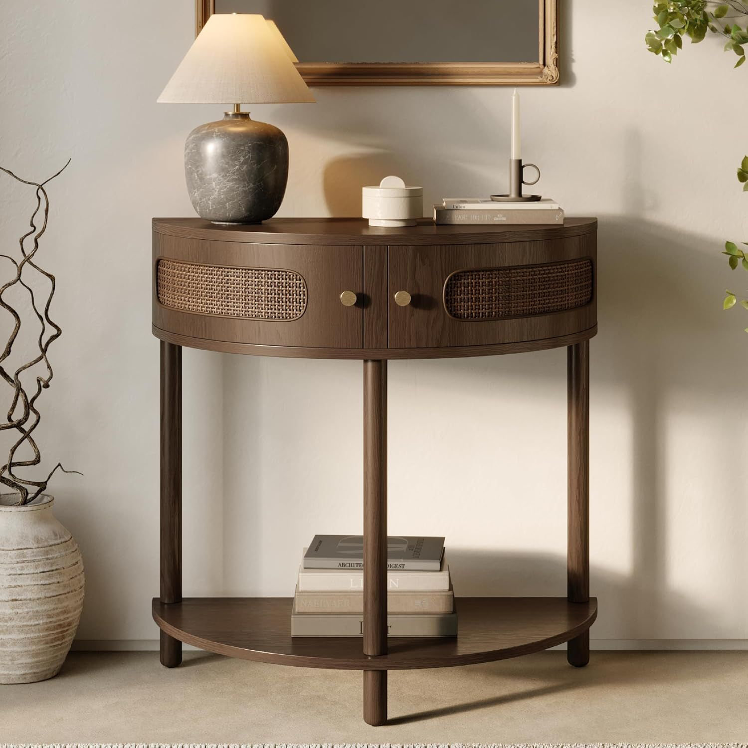 Latitude Run® Stead Rattan Half Moon Console Table, Small Entry Table ...