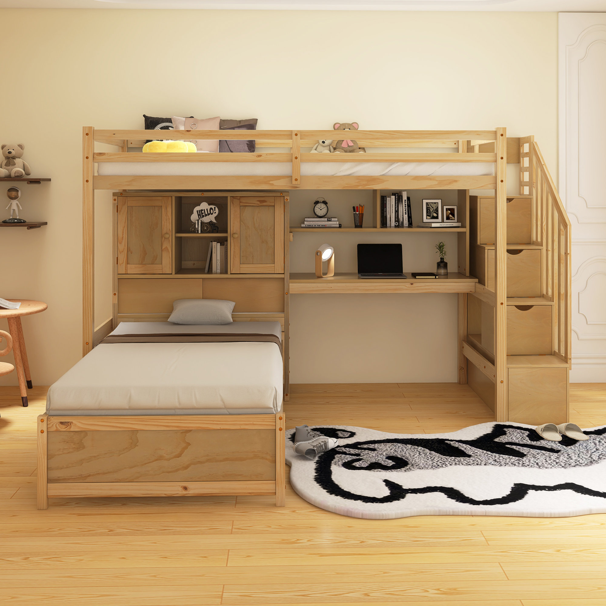 Harriet Bee Twin Over Twin Loft Bed With Built-In Desk And Staircase ...