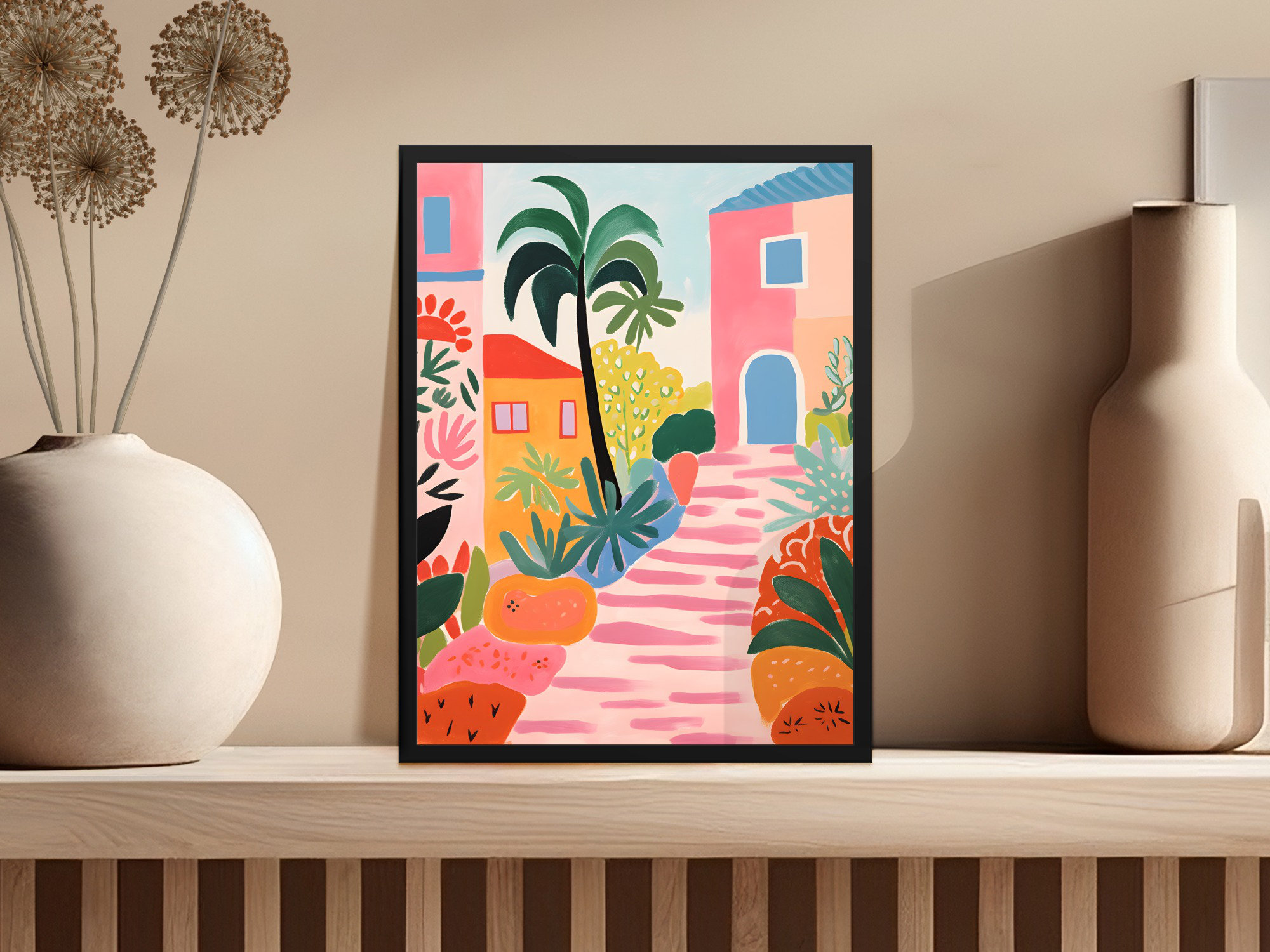 Brayden Studio Vibrant Palm Street View Framed Black Line Art Poster ...
