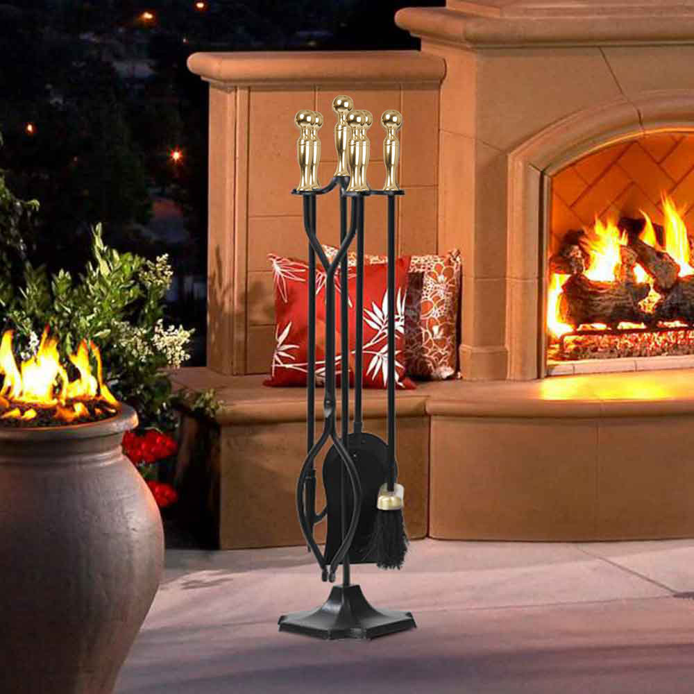 Alcott Hill Woodbranch 5 Pc Fireplace Tools Set Lrg Gold Handle Wrought ...