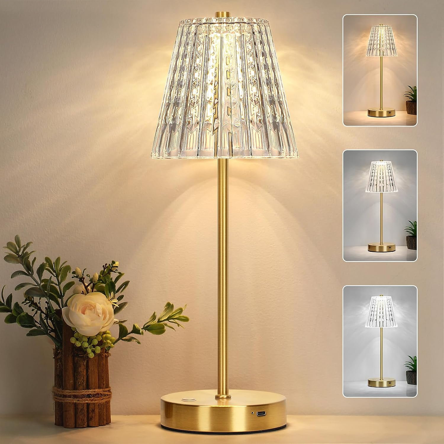 Mercer41 Modern Crystal Table Lamp With Gold Base And USB Charging Port ...