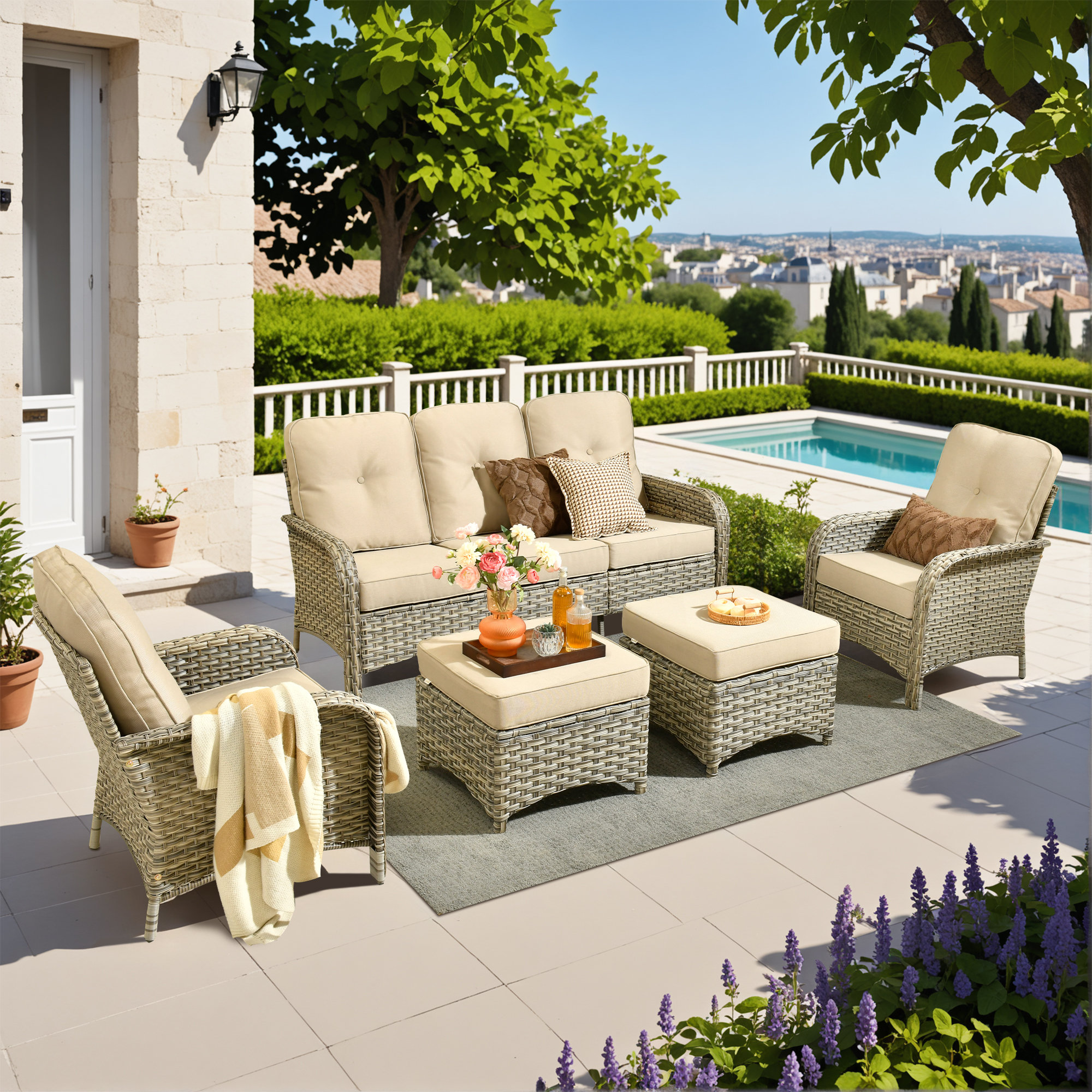 Lark Manor™ 7 - Person Patio Furniture Set, Outdoor Wicker Rattan High ...