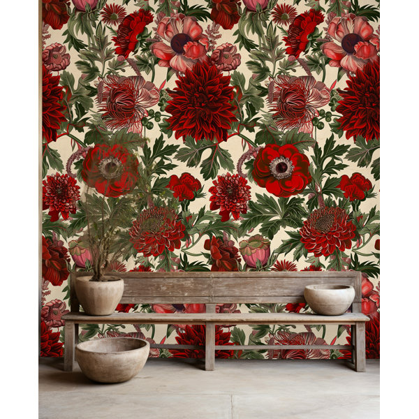 Lark Manor Bold Red Floral Wallpaper Bryelle Peel & Stick Botanical ...